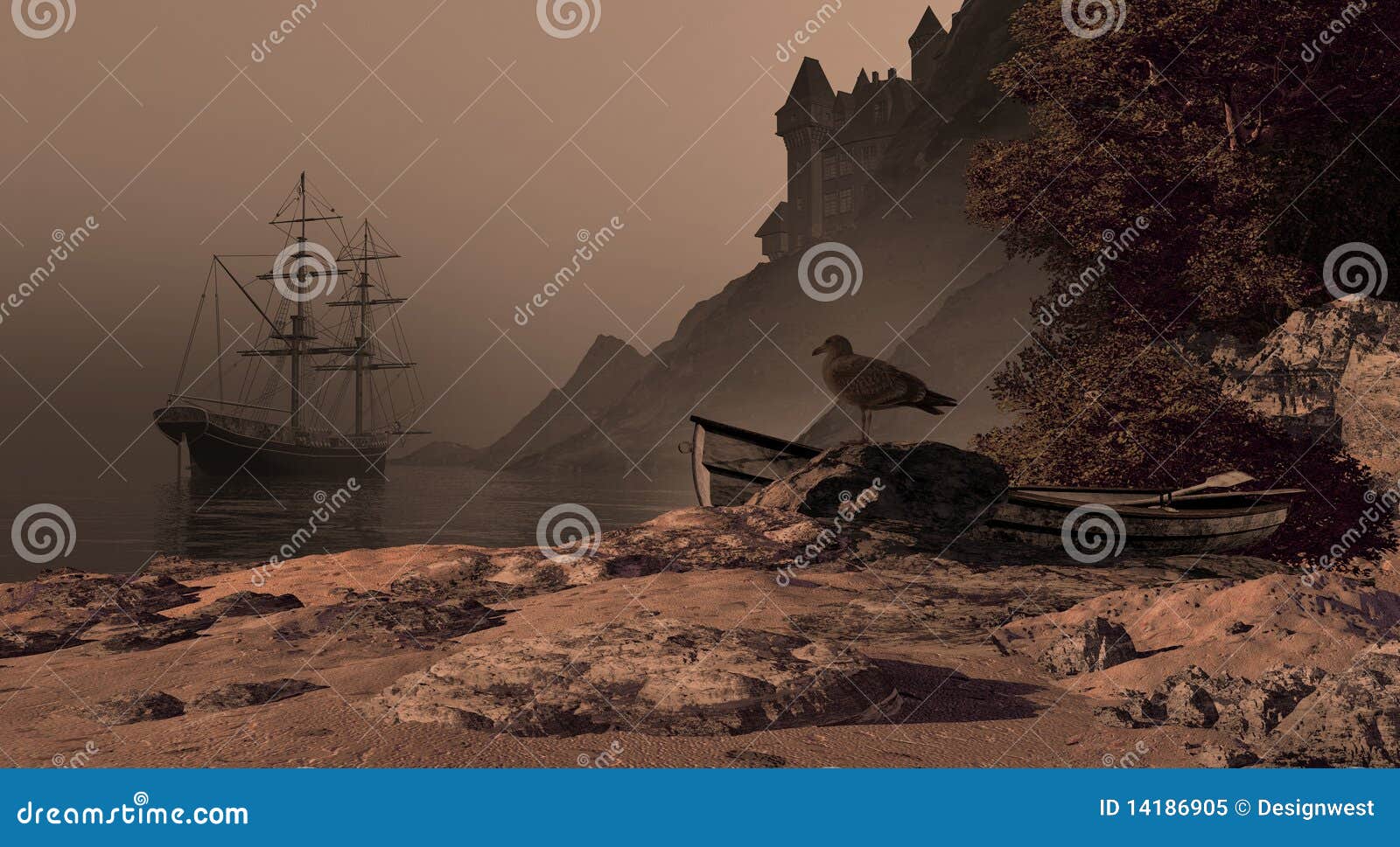Spanish Brig and Castle stock illustration. Illustration of ocean ...