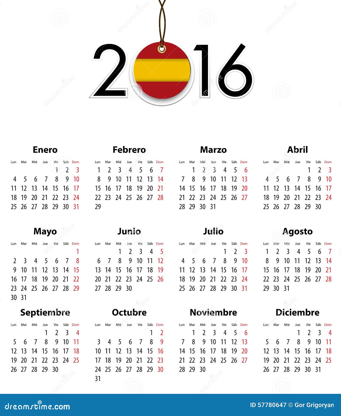 Spanish Calendar Grid for 2016 with Flag Like Tag Stock Vector ...