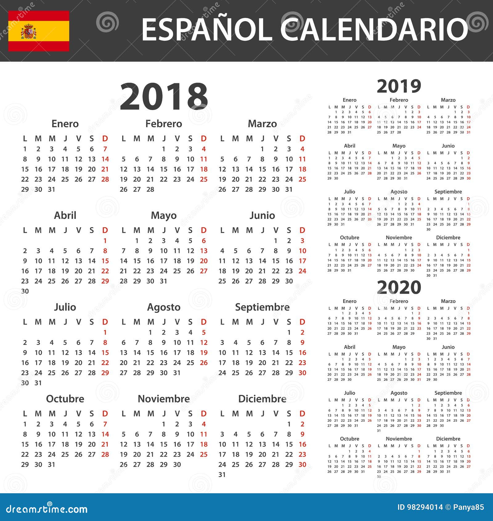 Spanish Calendar for 2018, 2019 and 2020. Scheduler, Agenda or Diary ...