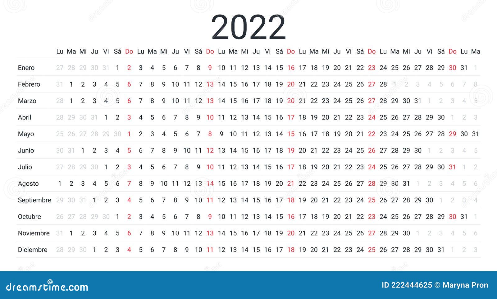 2022 Spanish Calendar Template. Linear Planner Grid. Vector ...