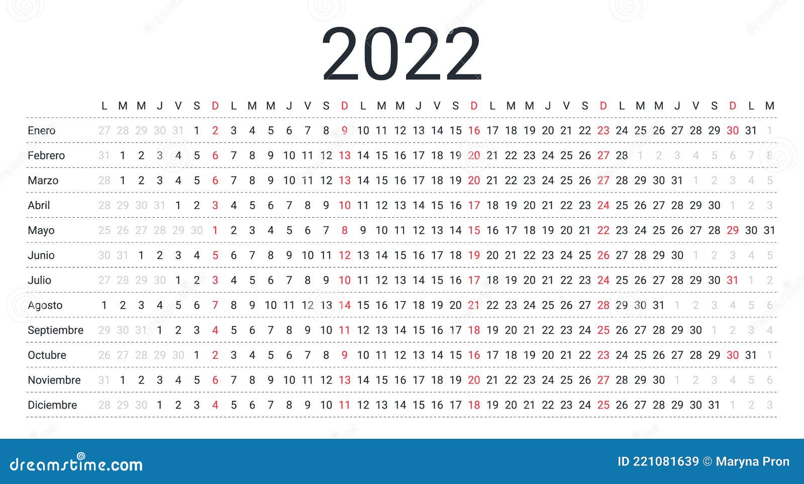 2022 Spanish Linear Calendar Template. Planner Grid. Vector ... 2022 Spanish Linear Calendar Template. Planner Grid. Vector ...