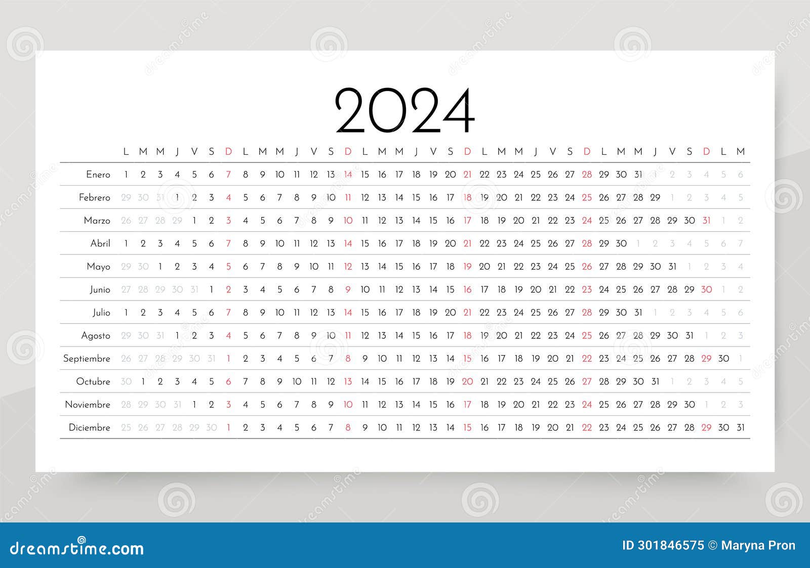 2024 Linear Calendar. Linear Horizontal Planner Desktop Calendar For ...
