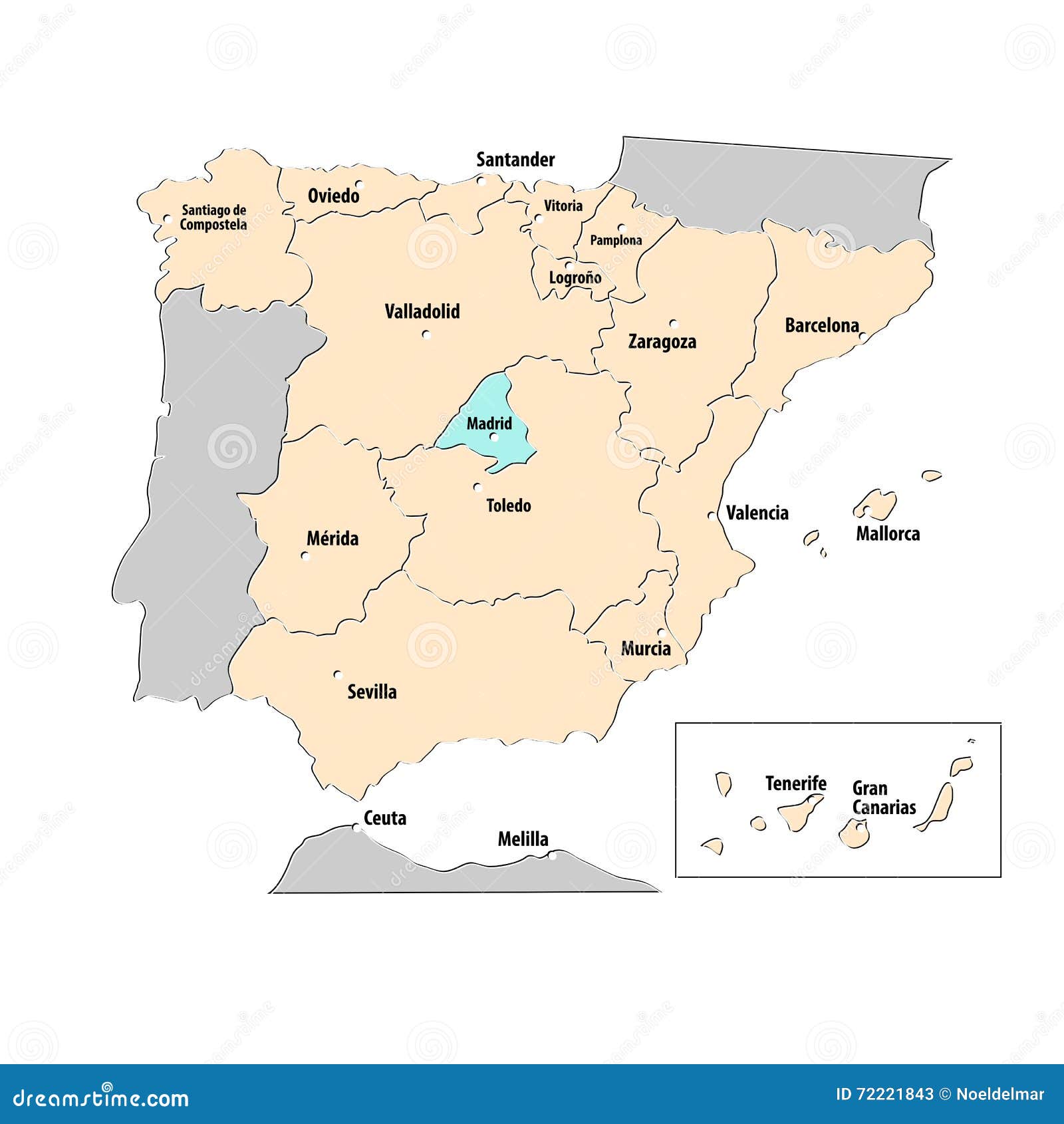 Spanish capitals map stock vector. Illustration of symbol - 72221843