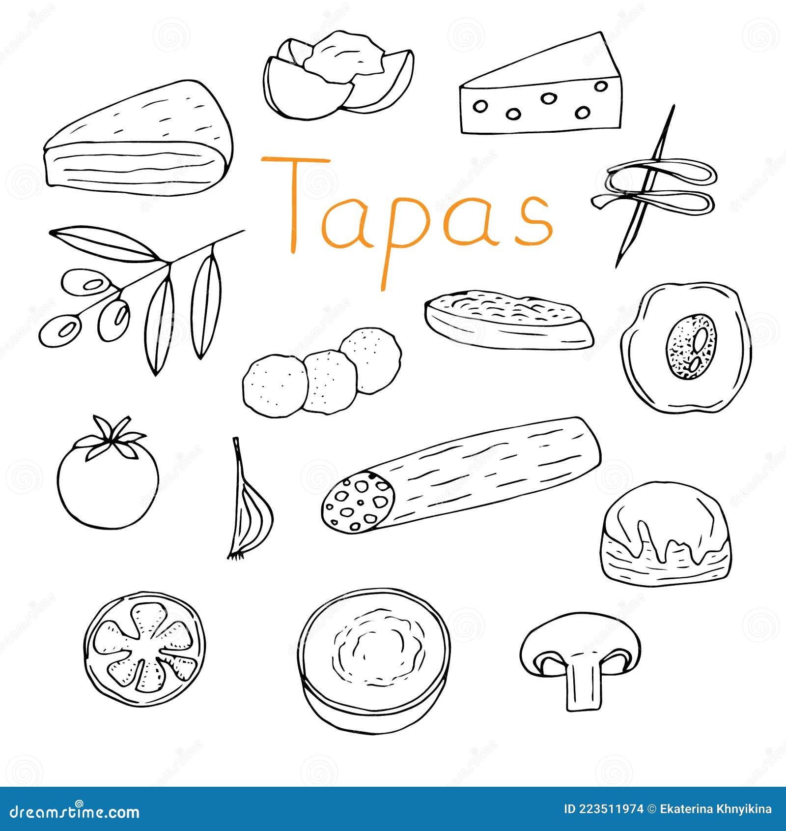 Spanish Cuisine Tapas Set, Vector Illustration, Doodle Hand Drawn Stock ...