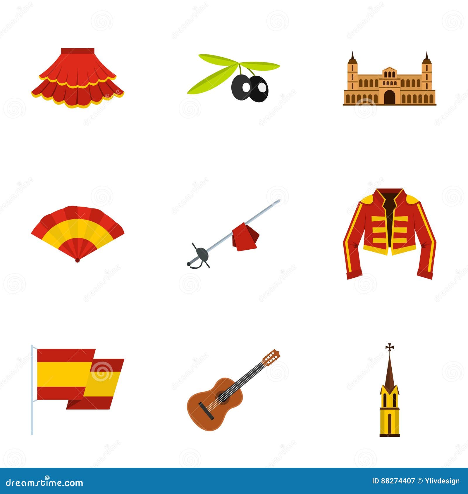 Spanish Elements Icons Set, Flat Style Stock Vector - Illustration of ...