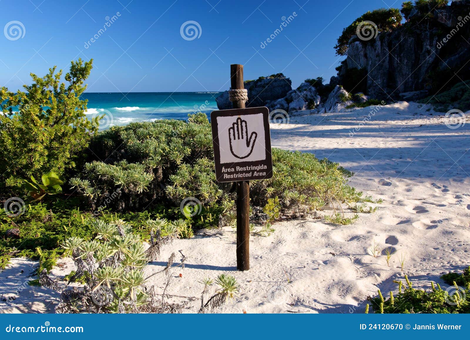 Spanish English Sign Restricted Area at Beach Stock Photo - Image of ...