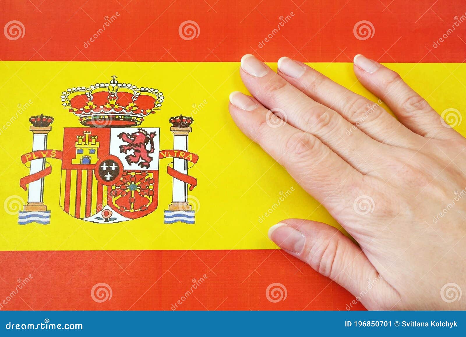 Spanish Flag and Hand on it. Patriotism and Loyalty Concept Stock Image ...