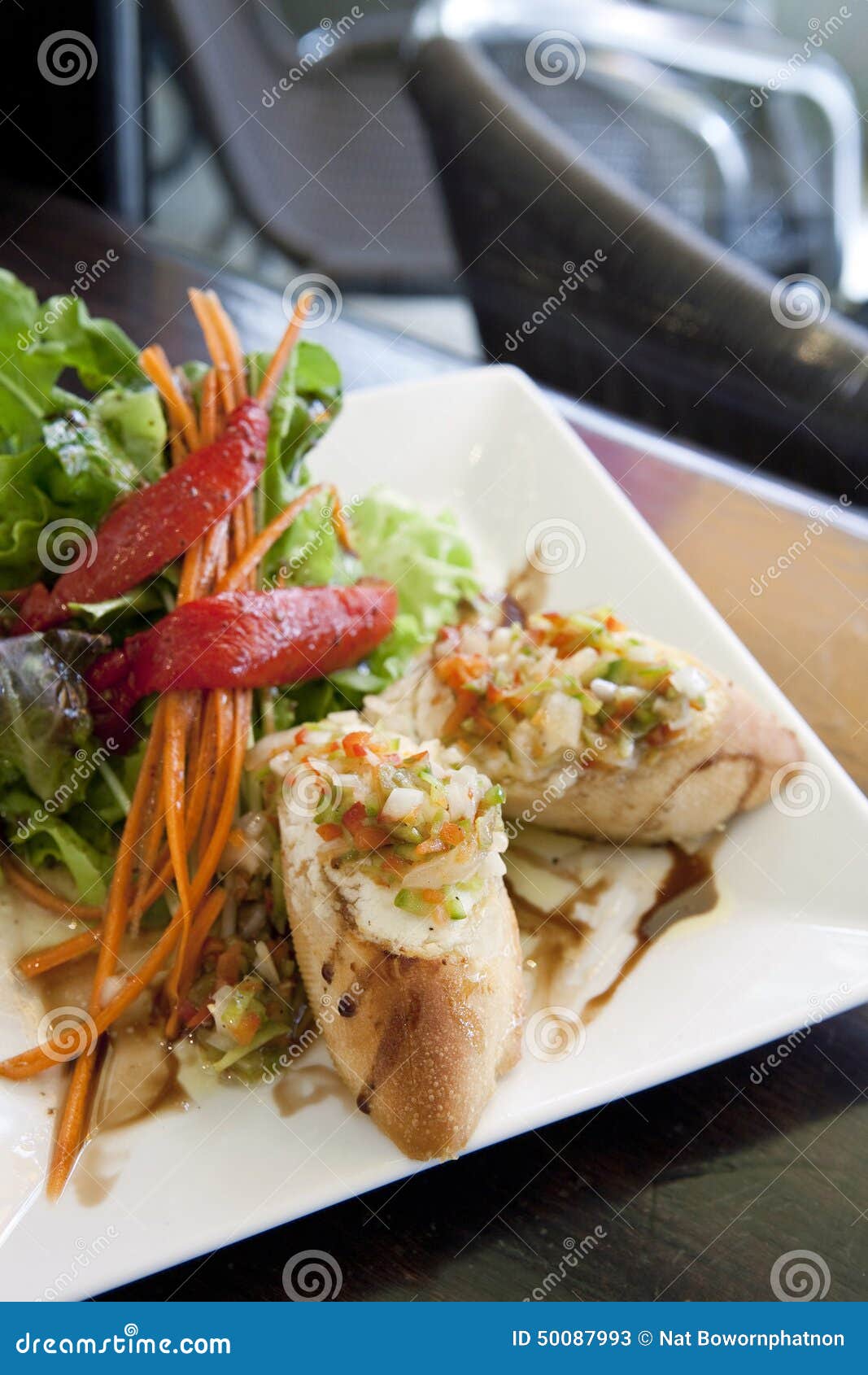 Spanish Garlic Bread with Salad Stock Image - Image of snack, herbs ...