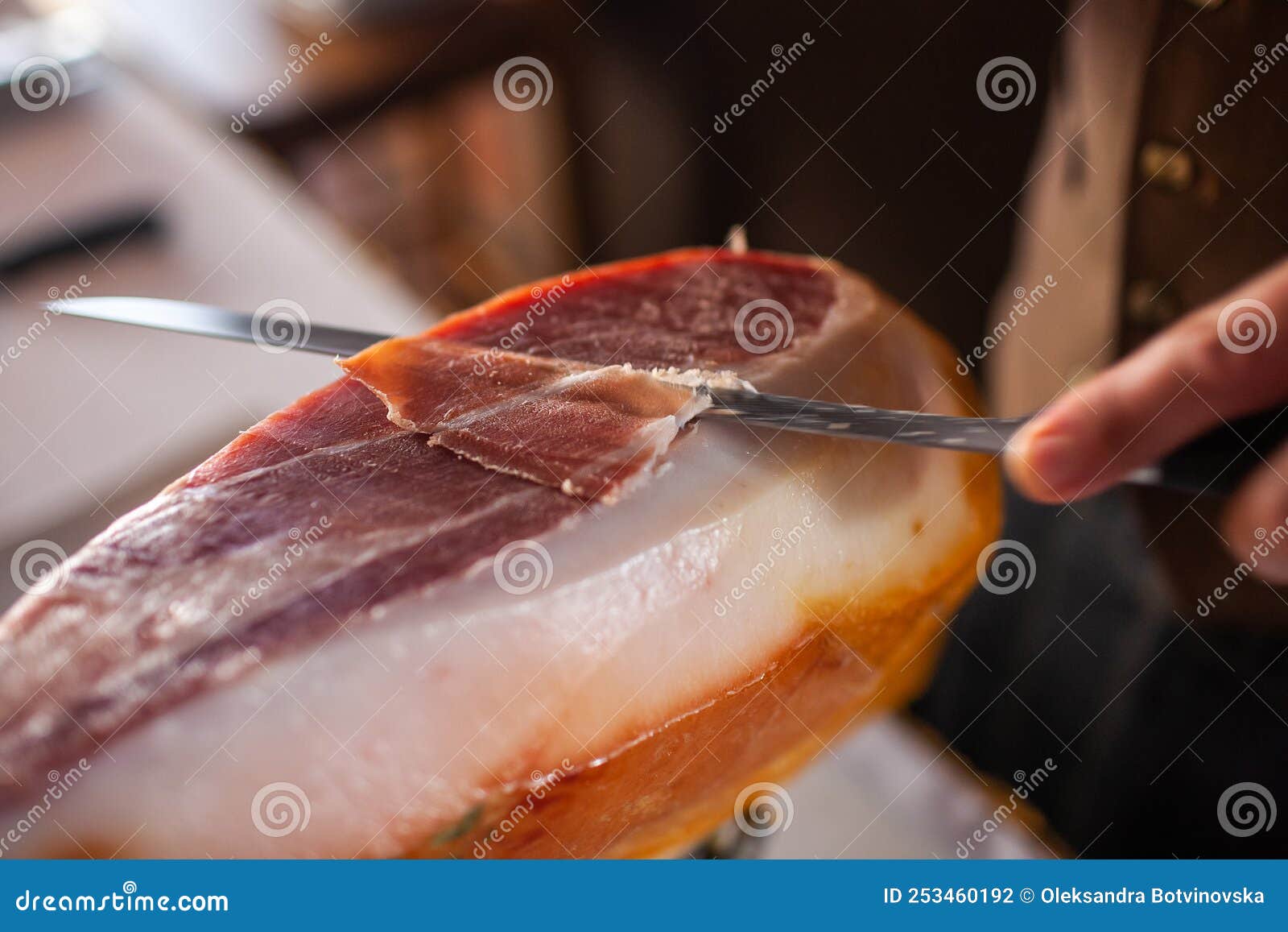 Spanish Jamon Being Cut with a Knife at a Wedding Party Stock Photo ...