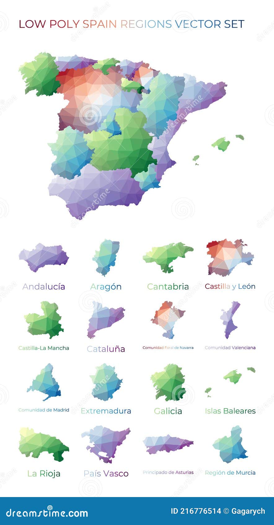 Spanish low poly regions. stock vector. Illustration of graphic - 216776514