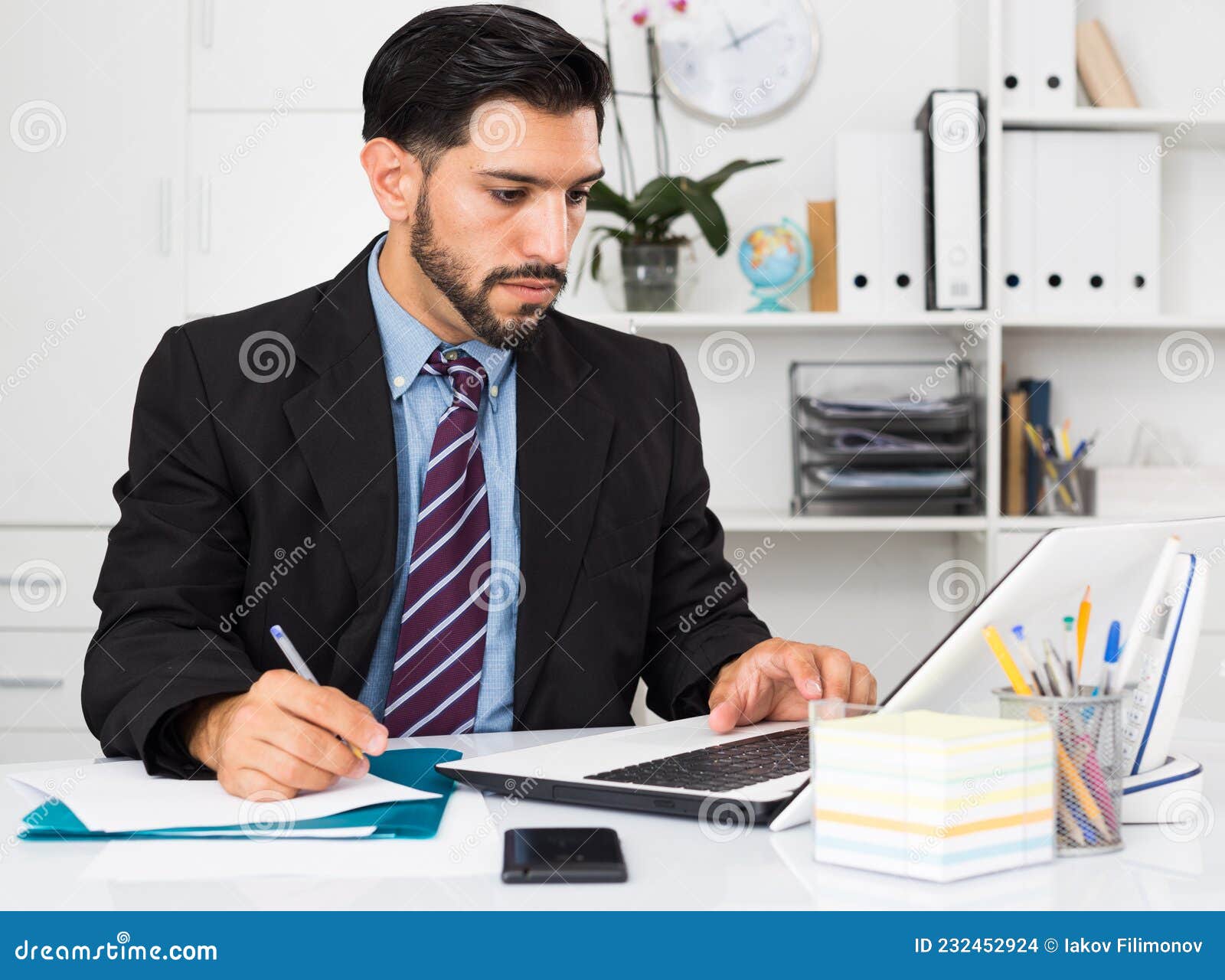 Spanish Man is Working with Documents in Laptop Stock Photo - Image of ...