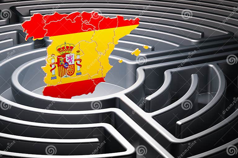 Spanish Map Inside Labyrinth, 3D Rendering Stock Illustration ...