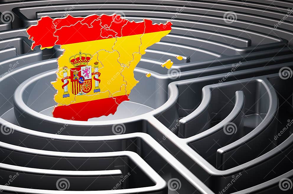 Spanish Map Inside Labyrinth, 3D Rendering Stock Illustration ...