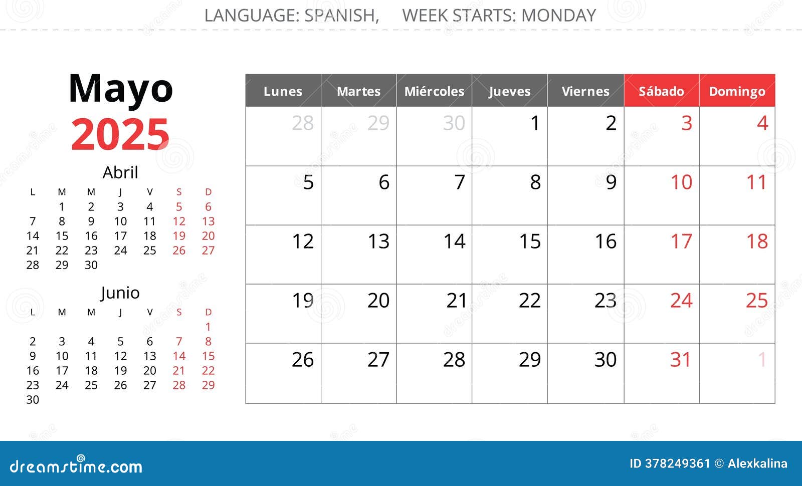 2025 Spanish May Monthly Calendar - Mayo. Vector Illustrations For ...