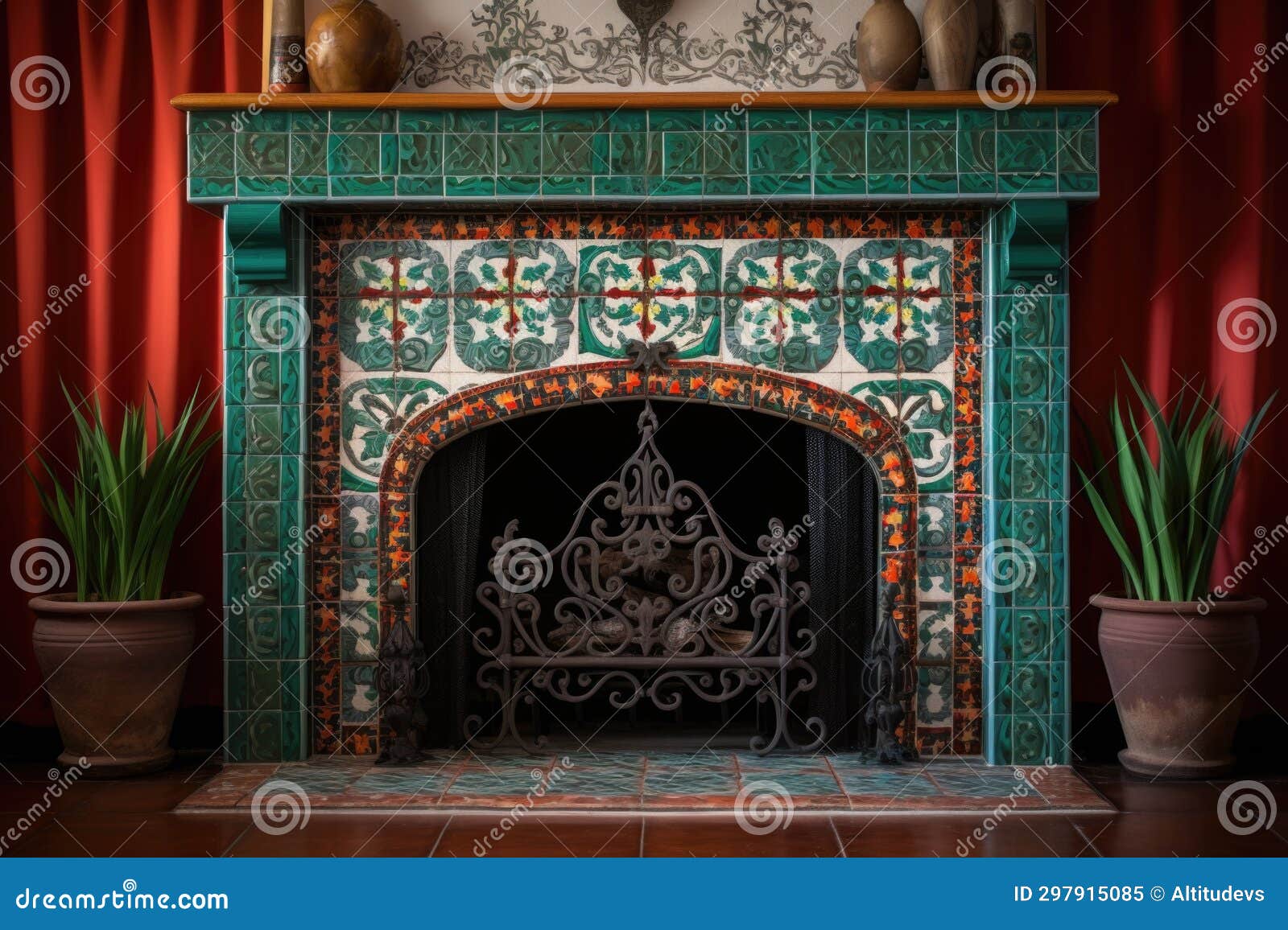 Spanish Revival Fire Surround, Fashioned with Ornate Tiles Stock Image ...
