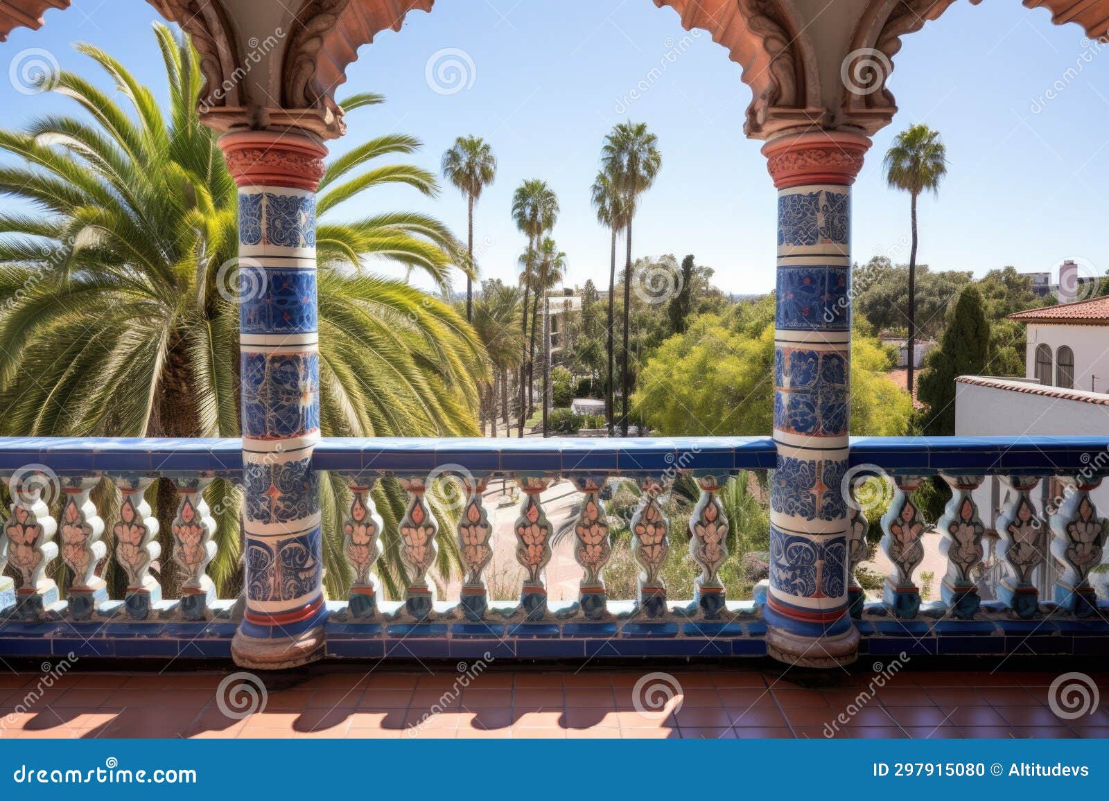 Spanish Revival Tiles on the Pillars of a Balcony Stock Photo - Image ...
