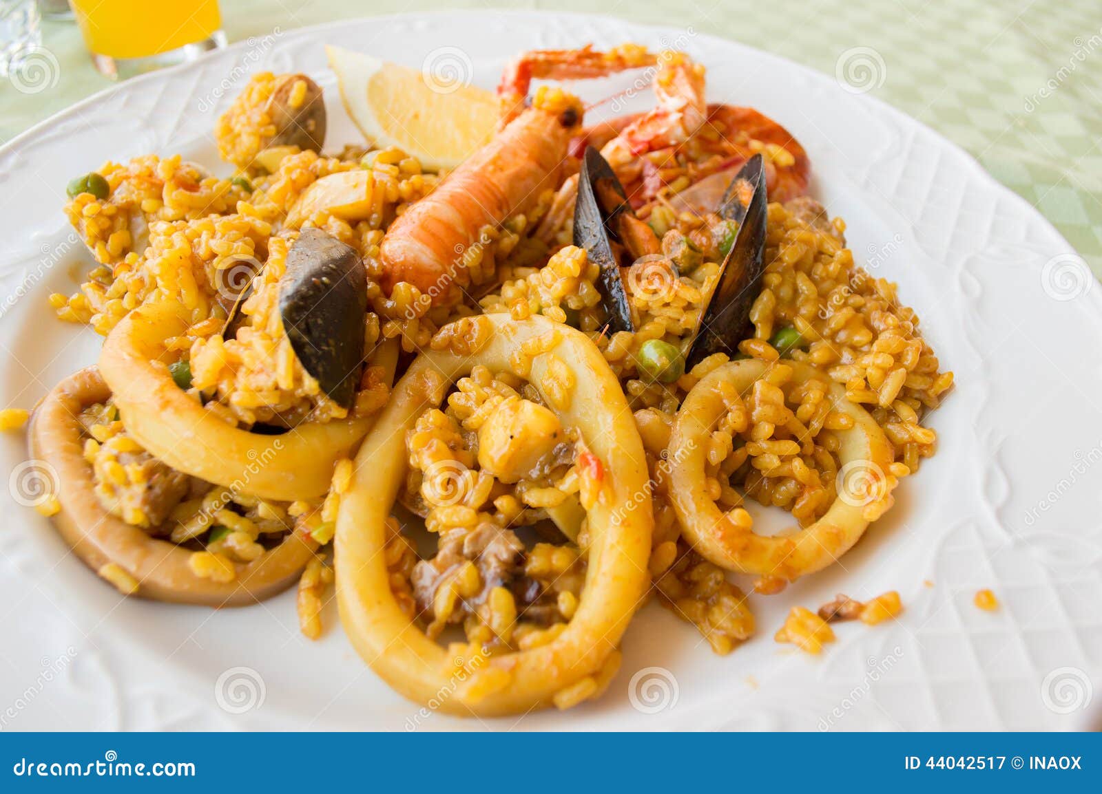 Spanish Rice Paella with Seafood Stock Image - Image of checkered ...