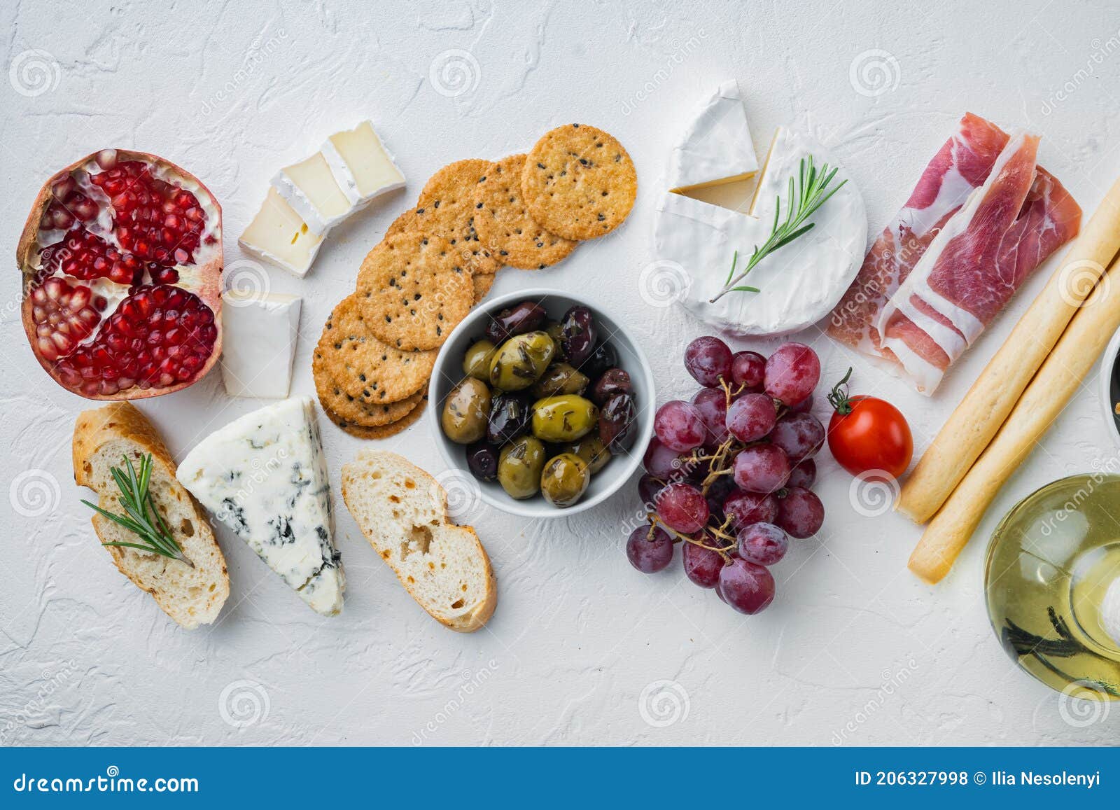 Spanish Snacks, Meat Cheese, Herbs, on White Background, Flat Lay Stock ...