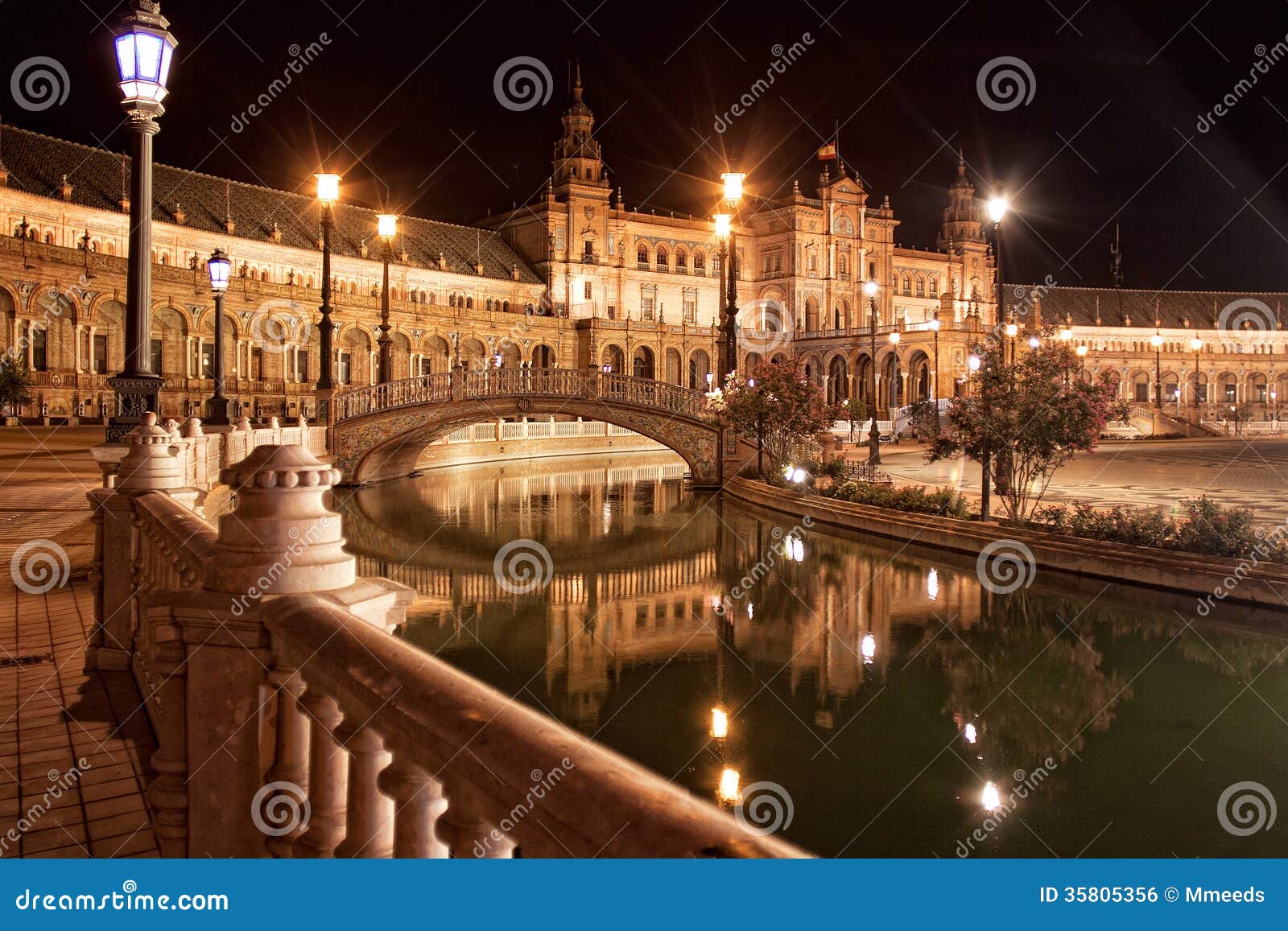 Spanish Square (Plaza De Espana) in Sevilla at Night, Spain Stock Photo ...