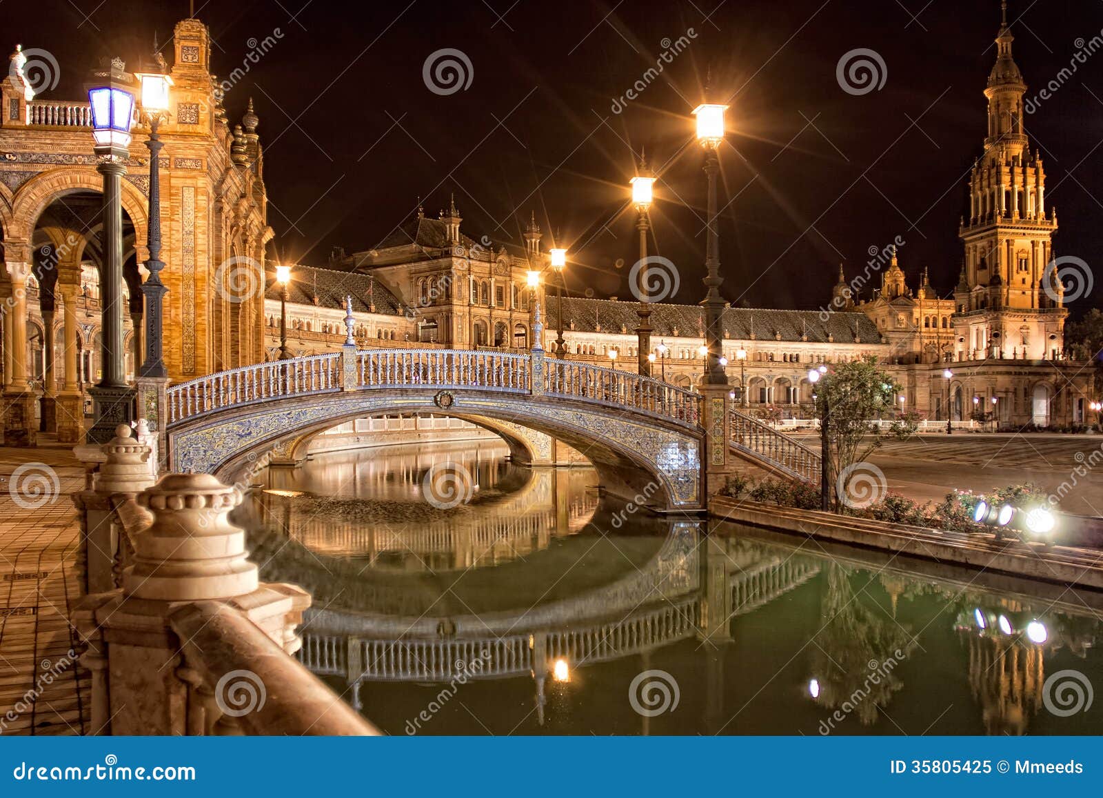 Spanish Square (Plaza De Espana) in Sevilla at Night, Spain Stock Image ...