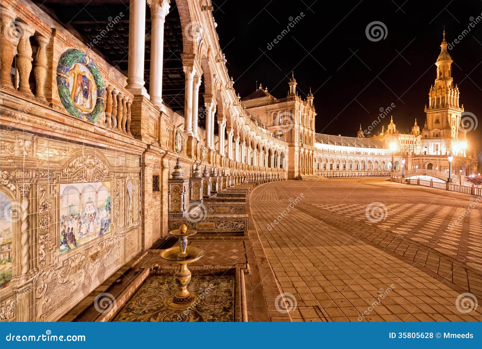 Spanish Square (Plaza De Espana) in Sevilla at Night, Spain Stock Photo ...