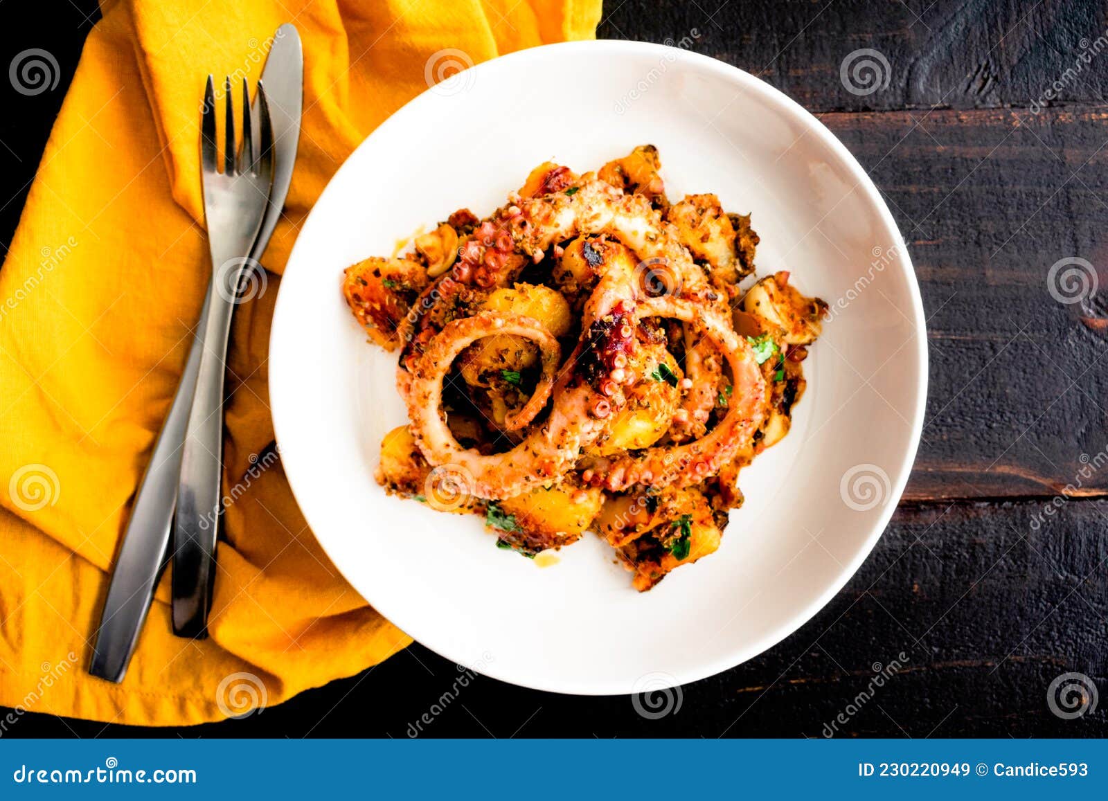 Spanish Style Octopus with Potatoes Stock Image - Image of herbs, basil ...