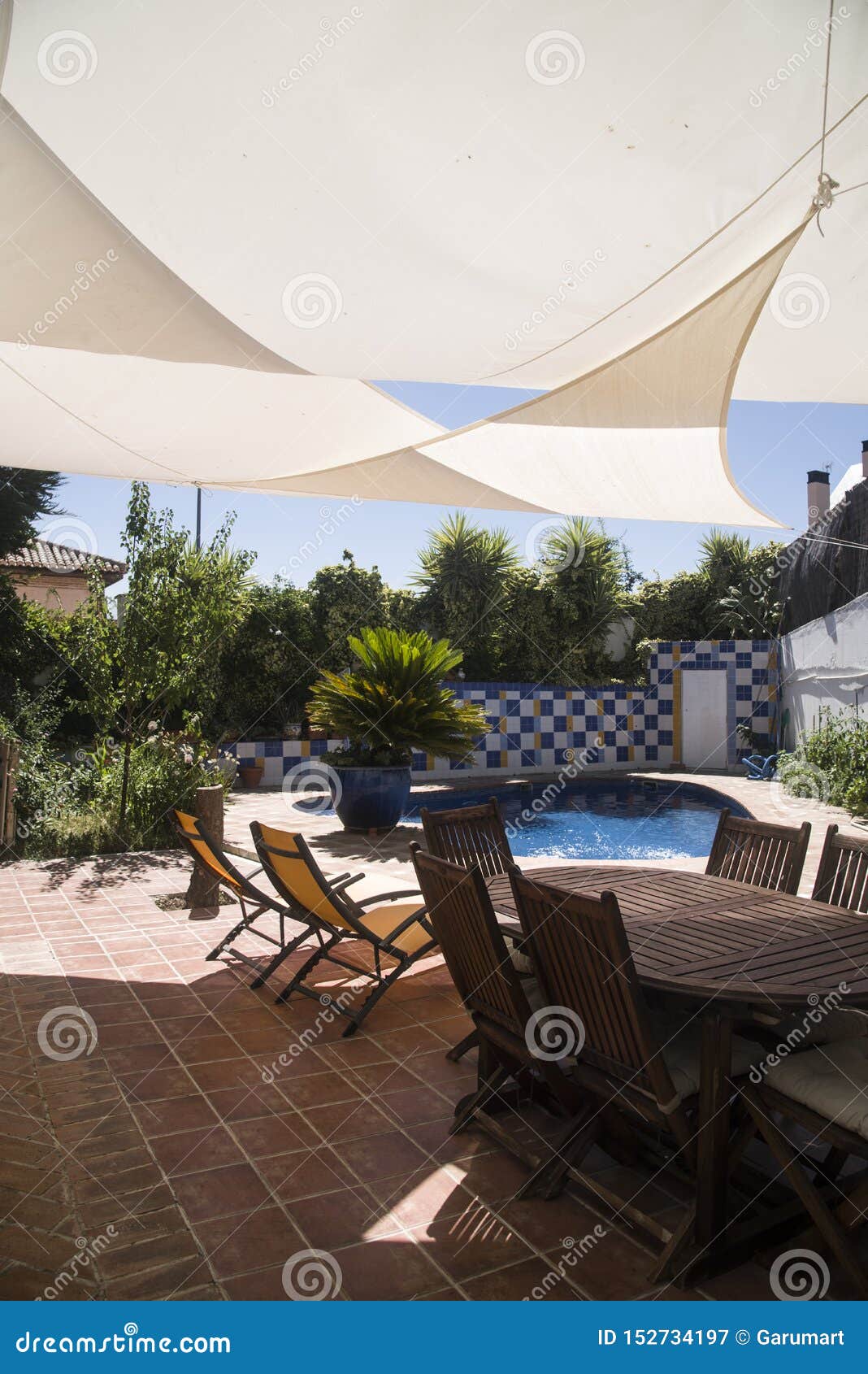 Spanish Summer Courtyard with Greenery and Swimming Pool Stock Image ...