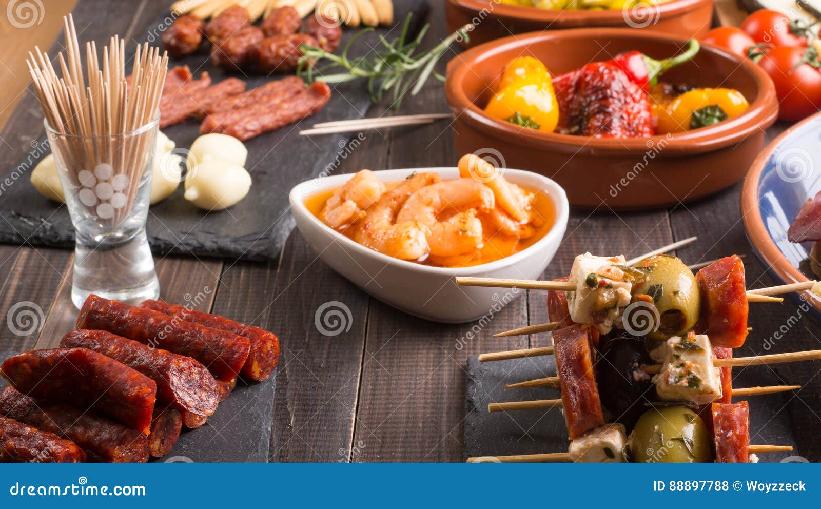 Spanish Tapas Appetizers on Wooden Table Stock Photo - Image of ...