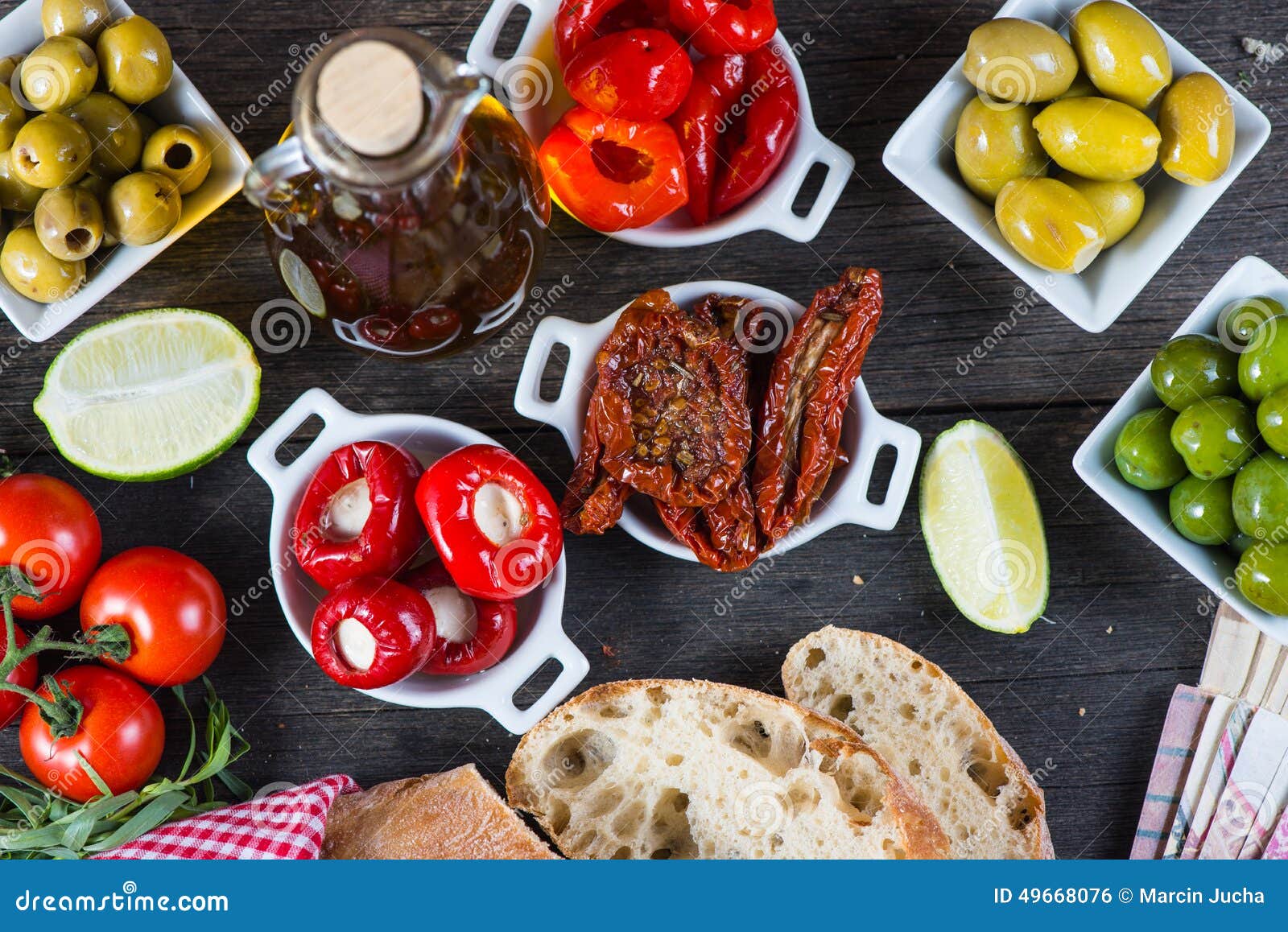Spanish Tapas on Table from Above Stock Photo - Image of herbs ...