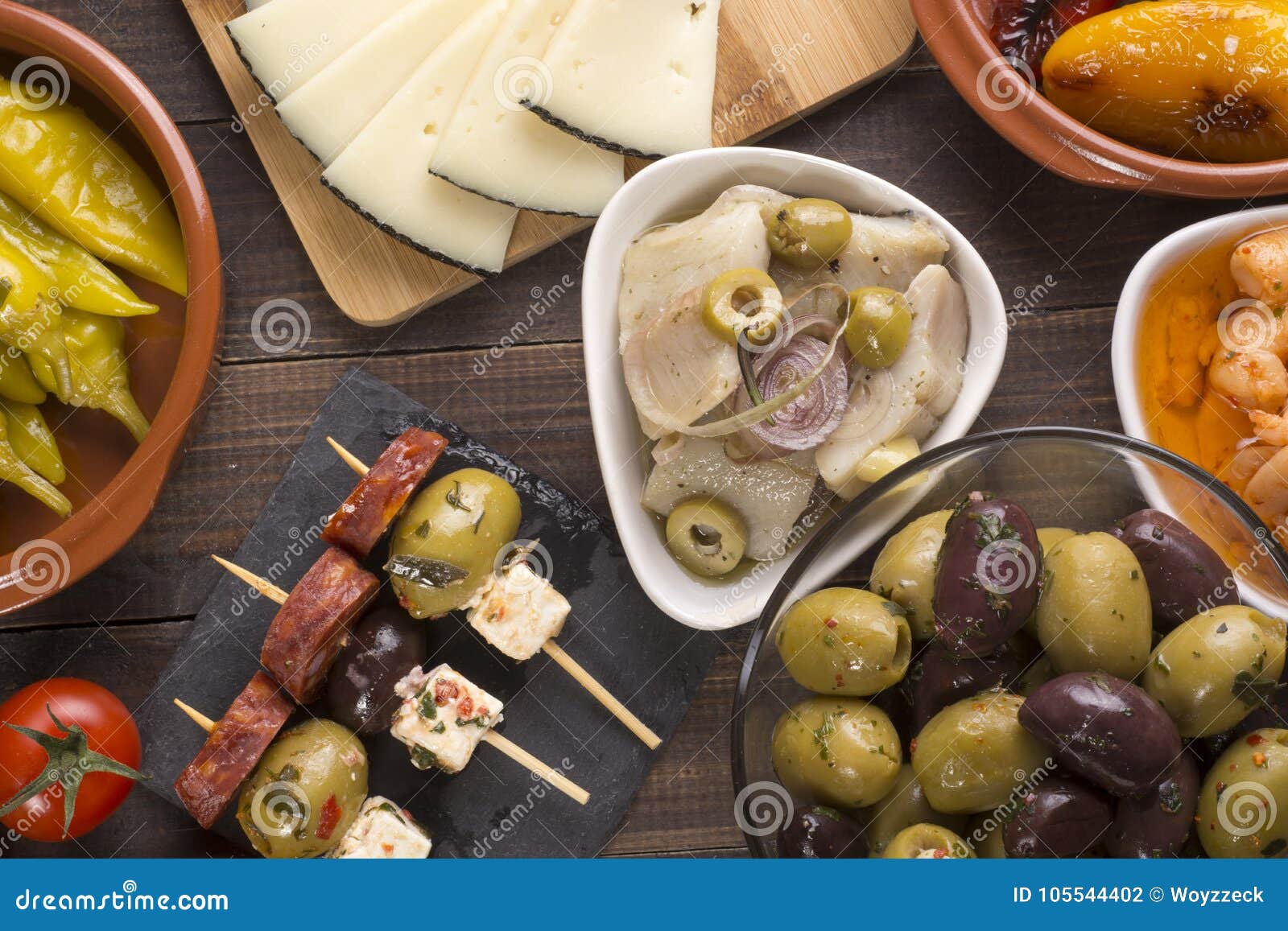 Spanish tapas on table stock photo. Image of prawns - 105544402