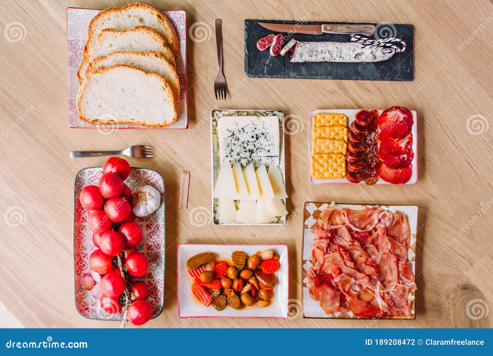 Spanish tapas top view. stock photo. Image of chorizo - 189208472