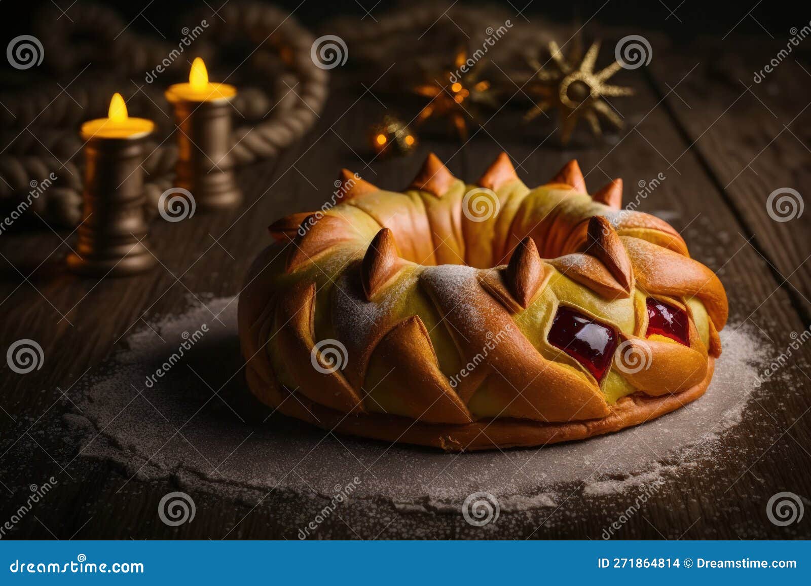 Spanish Three Kings Cake, Rosca De Reyes, Served on a Dark Wood Table ...