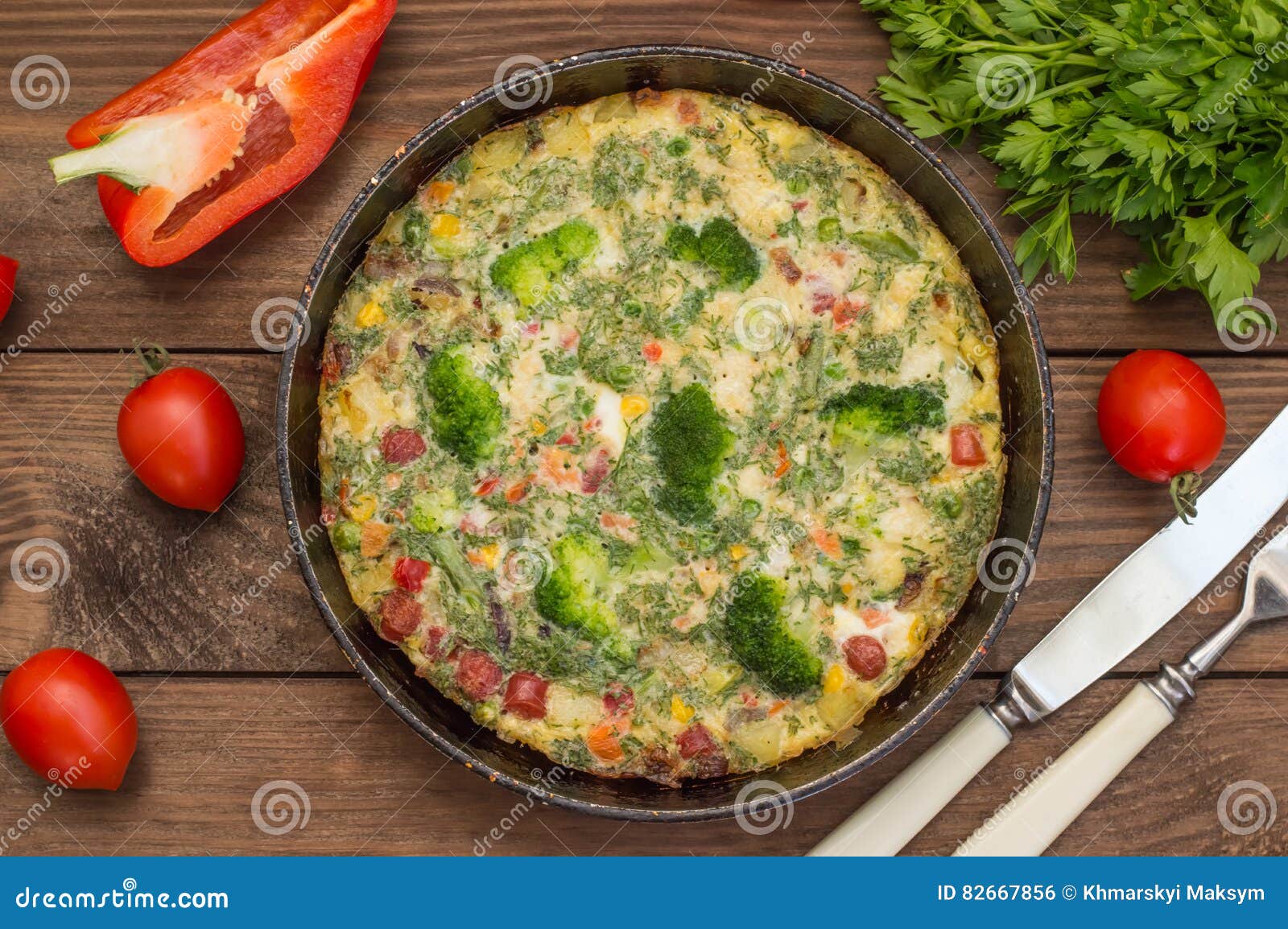 Spanish Tortilla in the Pan. Wooden Rustic Table Stock Photo - Image of ...