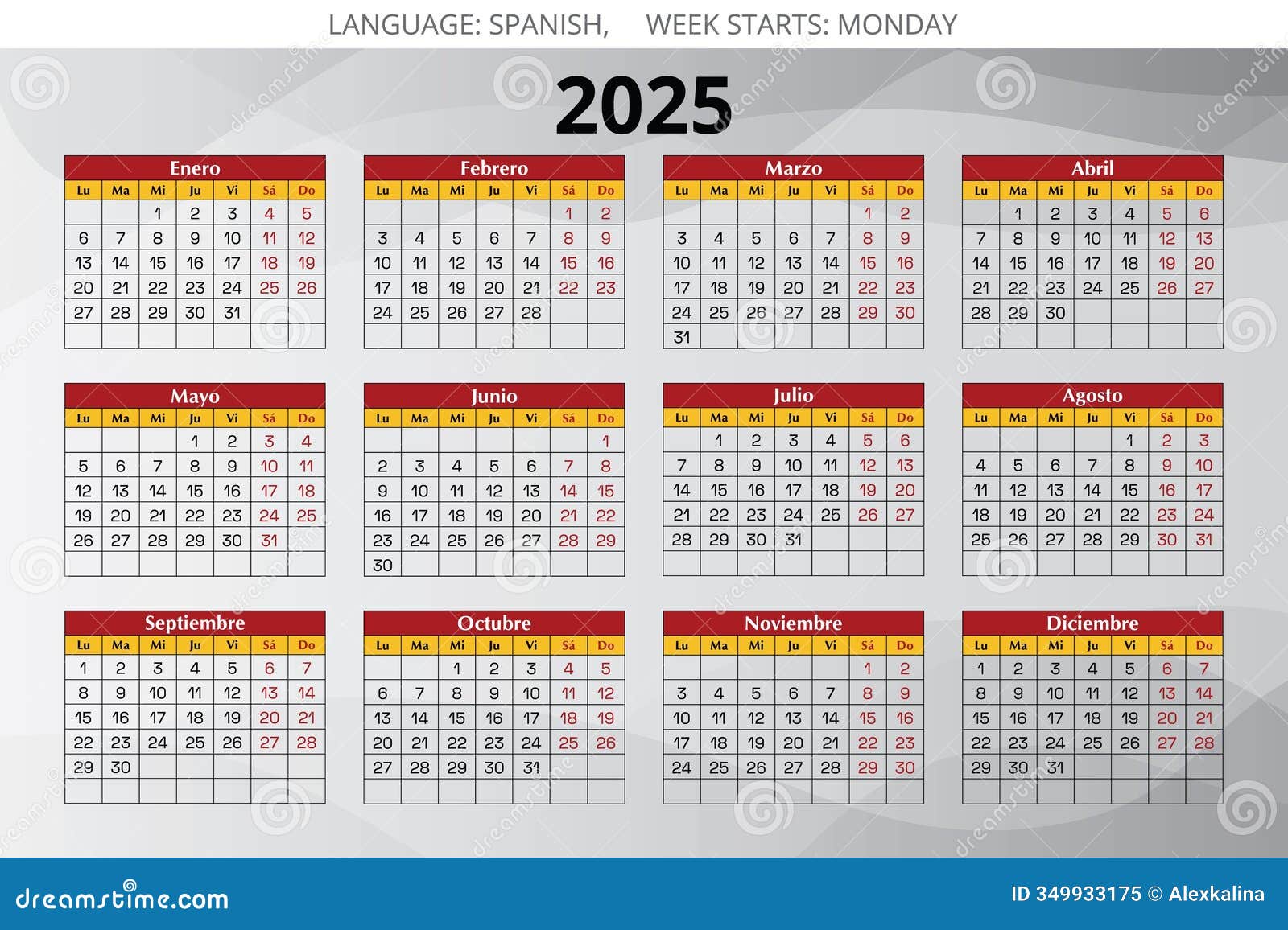 Spanish 2025 Year Calendar. Vector Illustration in Spain Flag Colors ...
