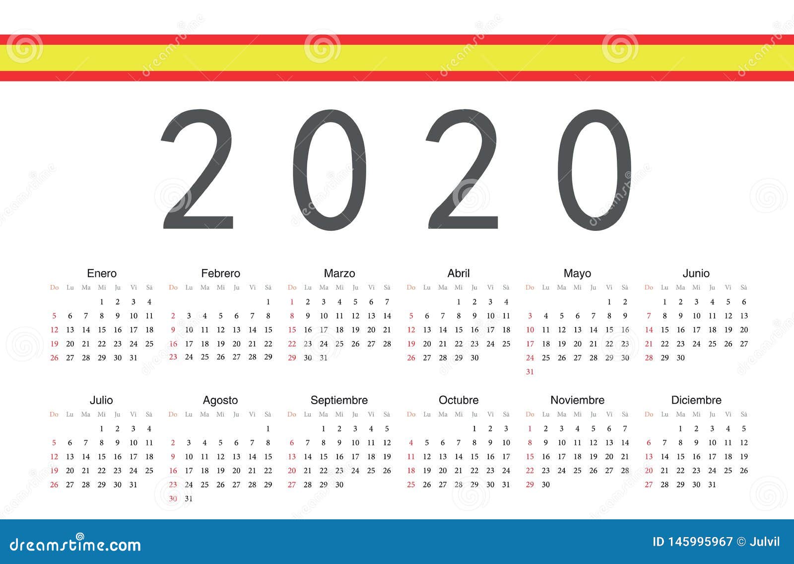 Spanish 2020 Year Vector Calendar Stock Vector - Illustration of date ...