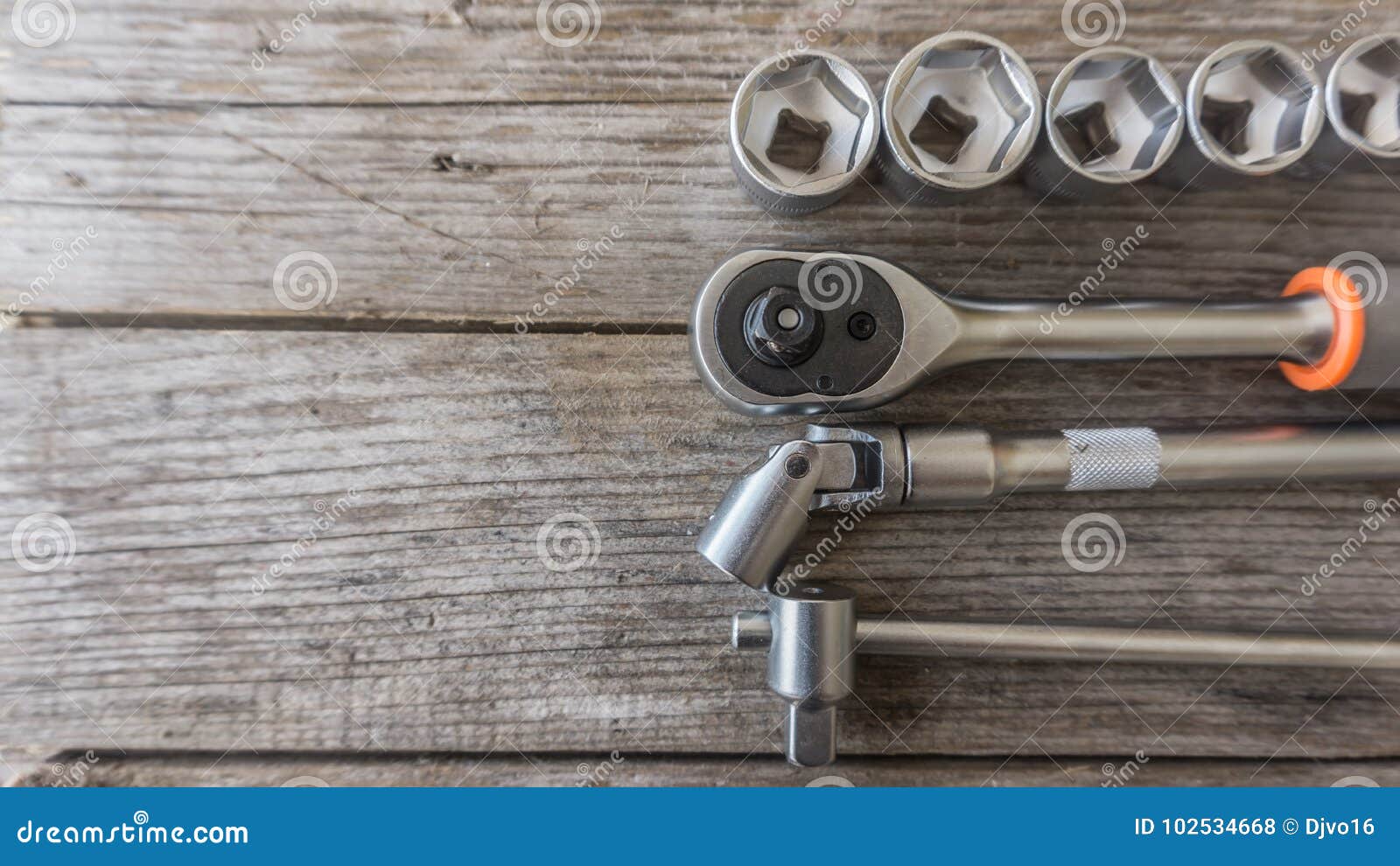 Spanner Head and Power Wrench on a Wooden Table in the Workshop Stock ...