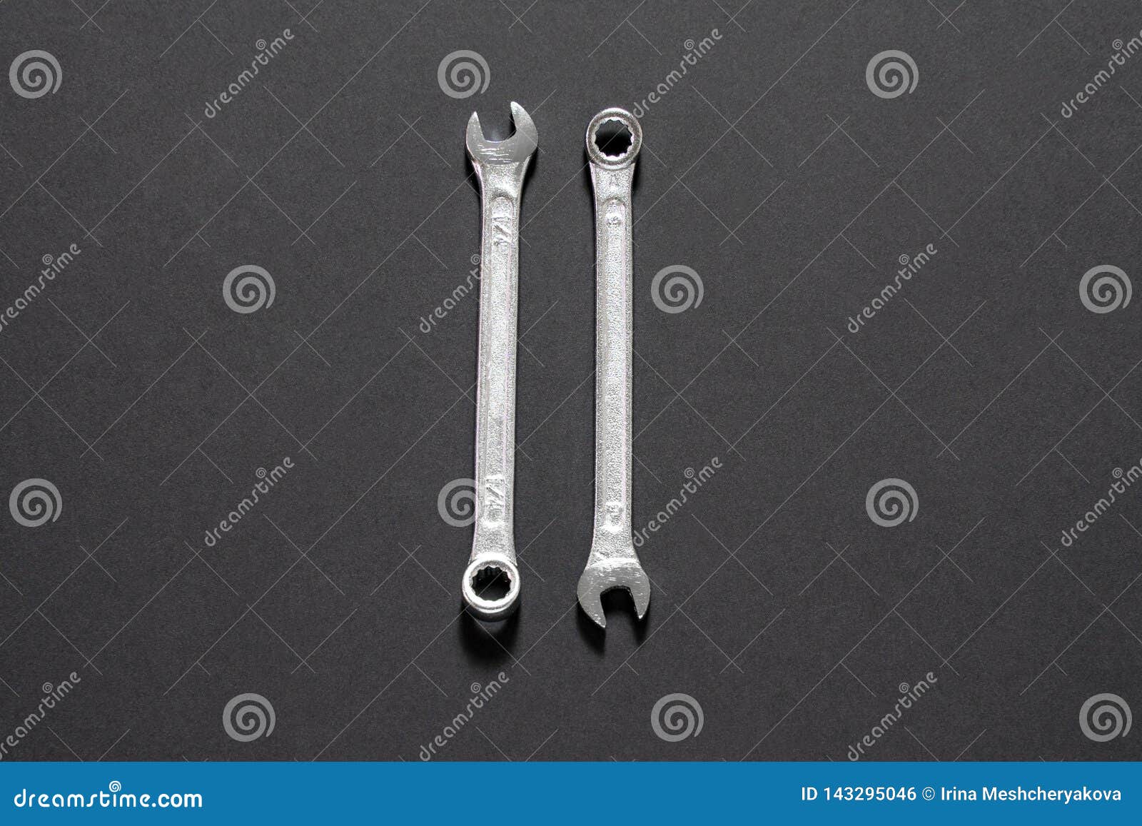 Spanner Set. Silver Coloured Spanners Lying Side by Side in Black ...