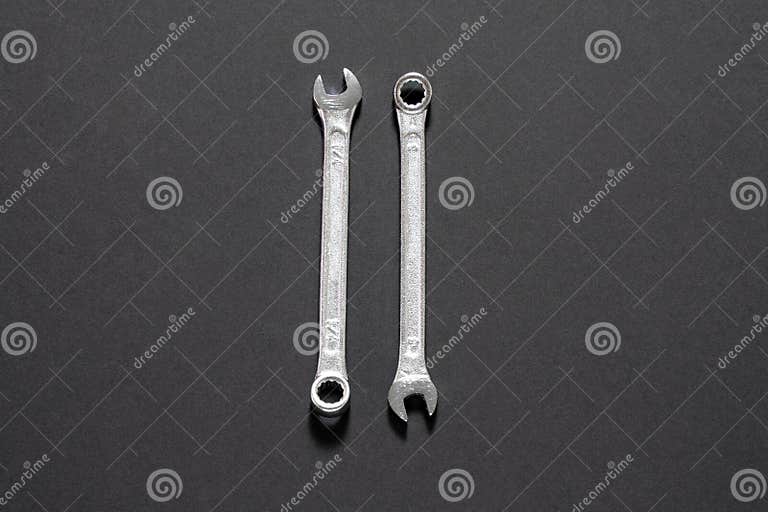 Spanner Set. Silver Coloured Spanners Lying Side by Side in Black ...