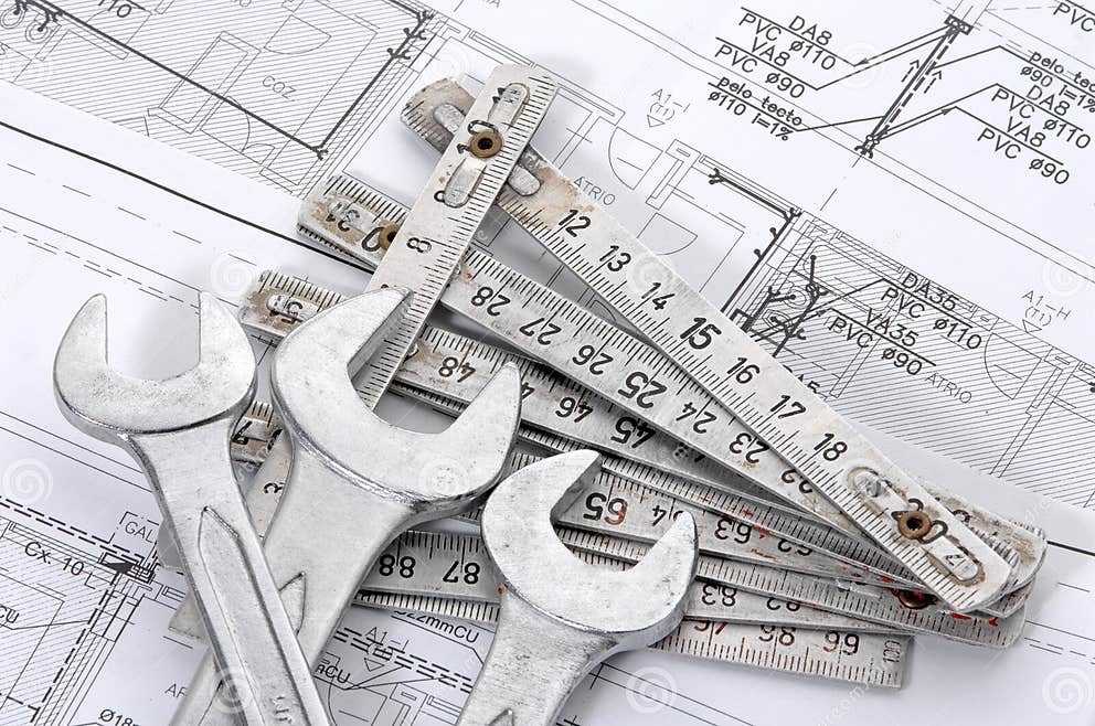 Spanners over house plan stock image. Image of spanner - 7729803