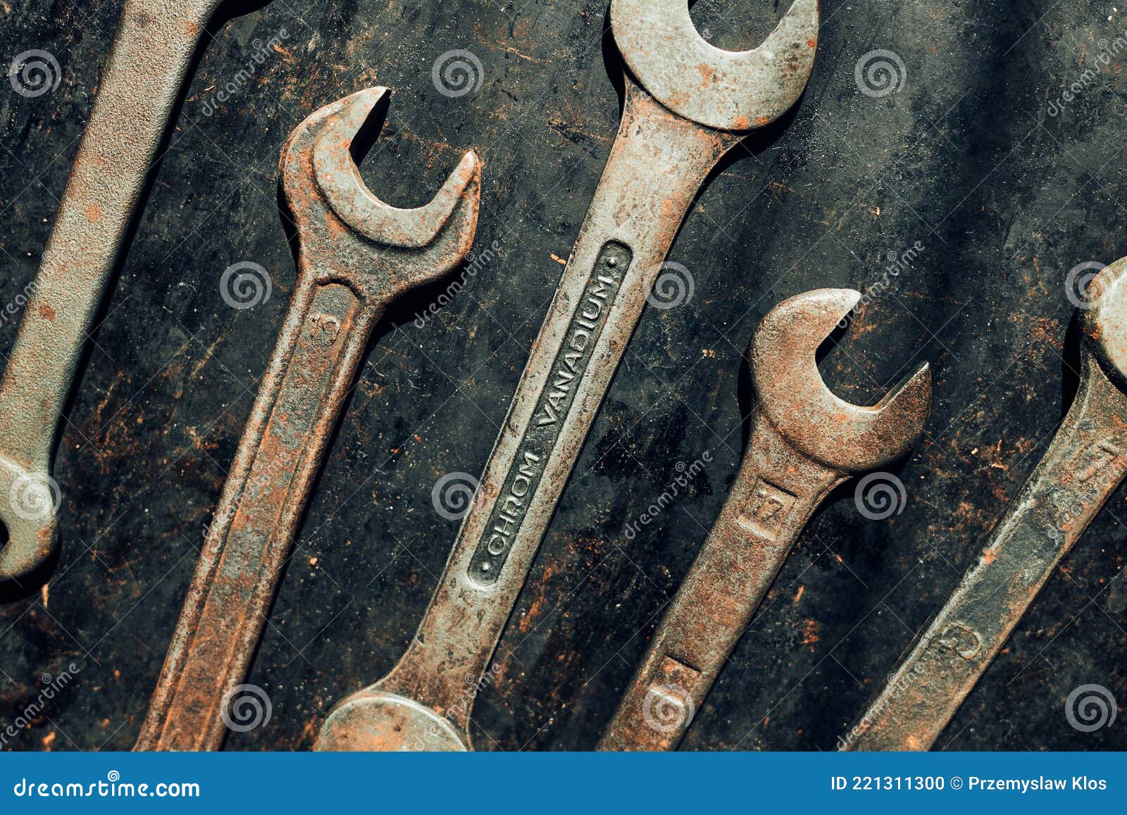 Spanners on Steel Surface. Old Rusty Wrenches for Maintenance. Mechanic ...