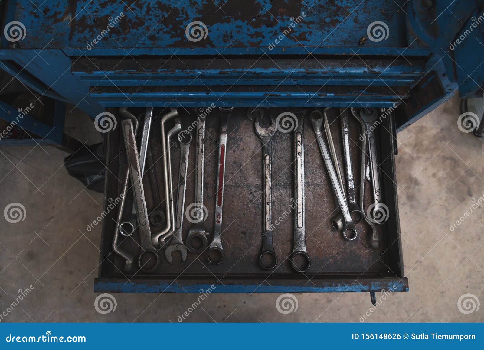 Spanners Tools in an Open Drawer of Old Blue Toolbox Stock Photo ...