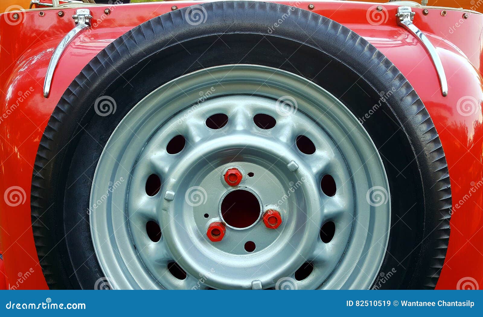 Spare Tire on Back of Red Vintage Car Stock Image - Image of black ...