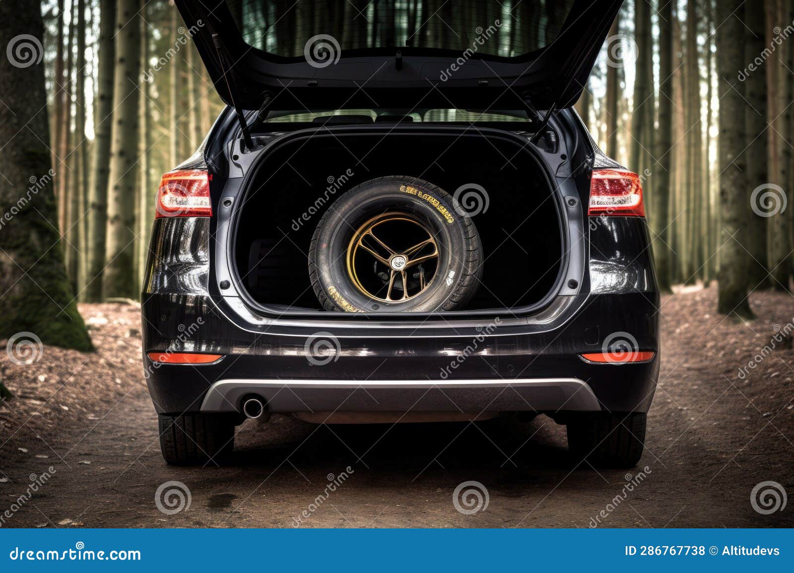 Spare Tire in the Trunk Ready for Replacement Stock Photo - Image of ...