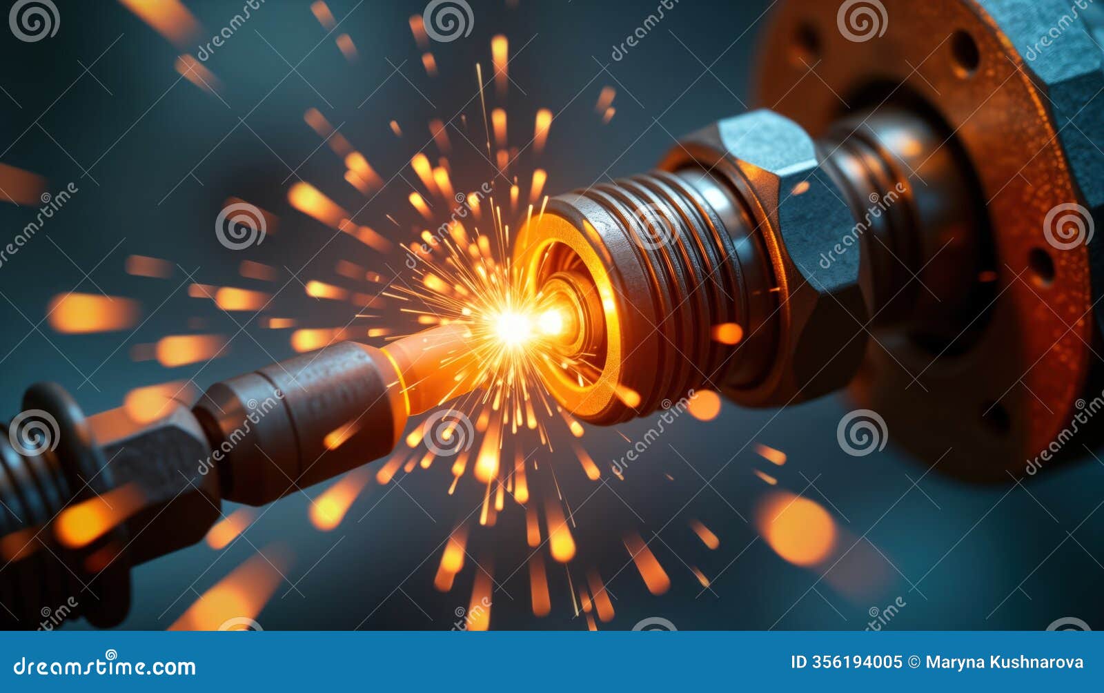 Spark Plug Ignites Combustion in Machinery. Fiery Sparks Fly. Powerful ...