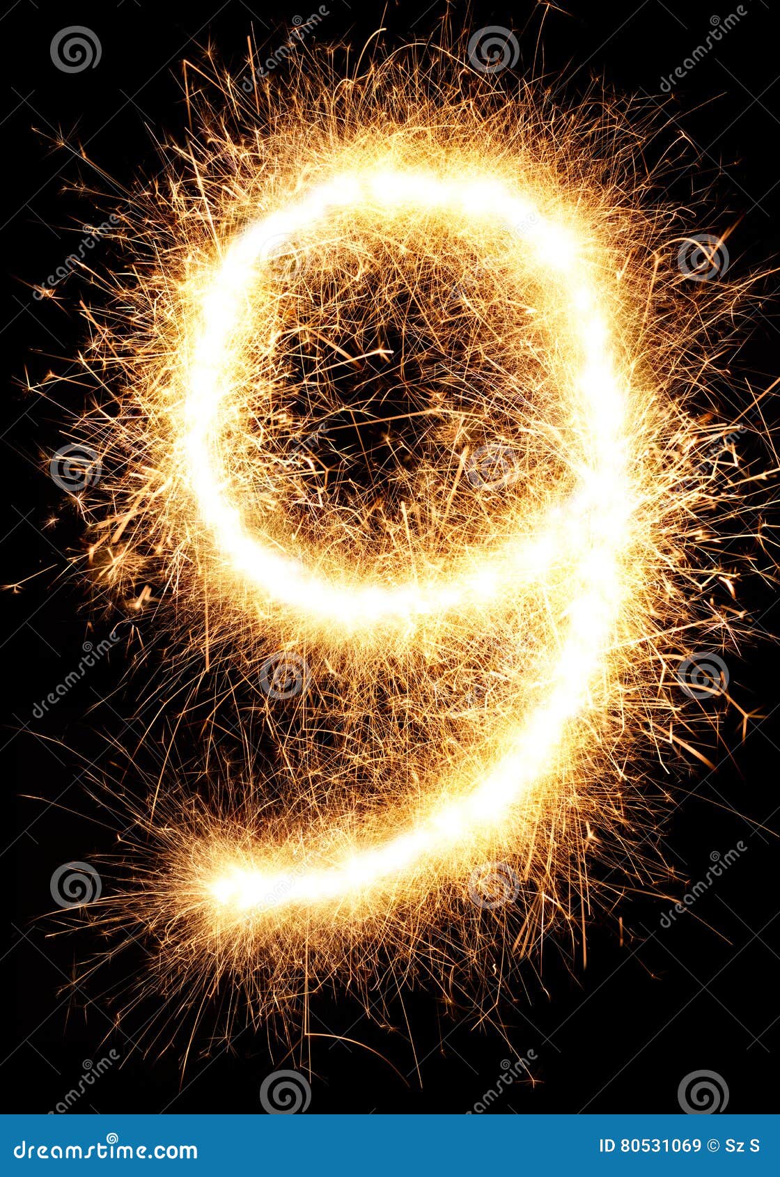 Sparkler Firework Light Number 9 Isolated on Black Stock Image - Image ...