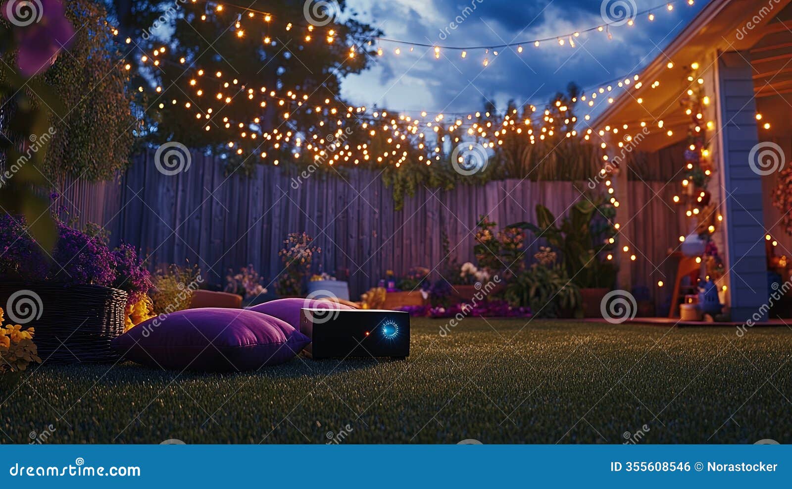 A Sparkling Backyard Movie Setup with a Projector, Beanbags, and Stock ...