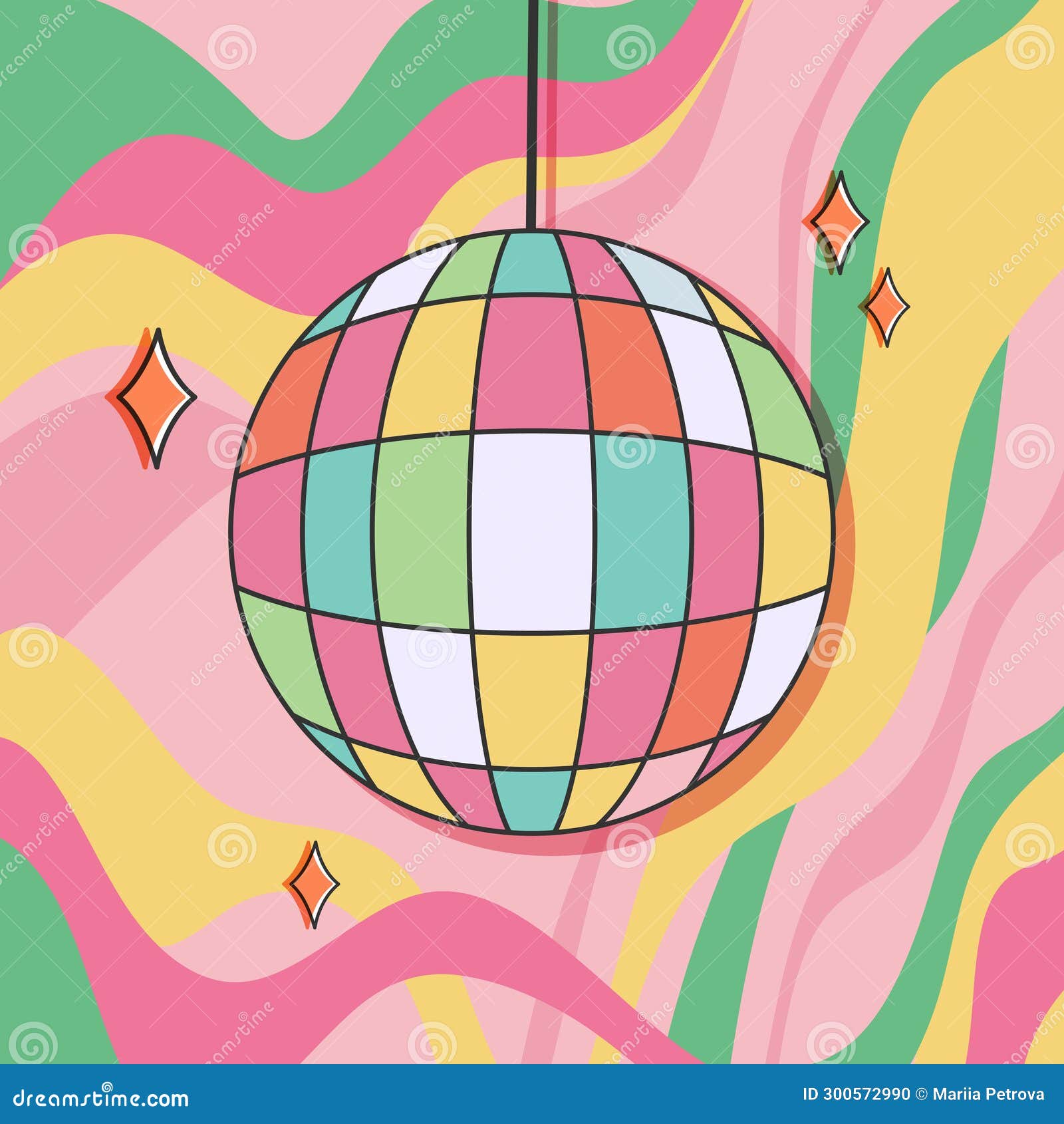 Sparkling Bright Disco Ball In Groovy Style Trendy Retro Design Stock