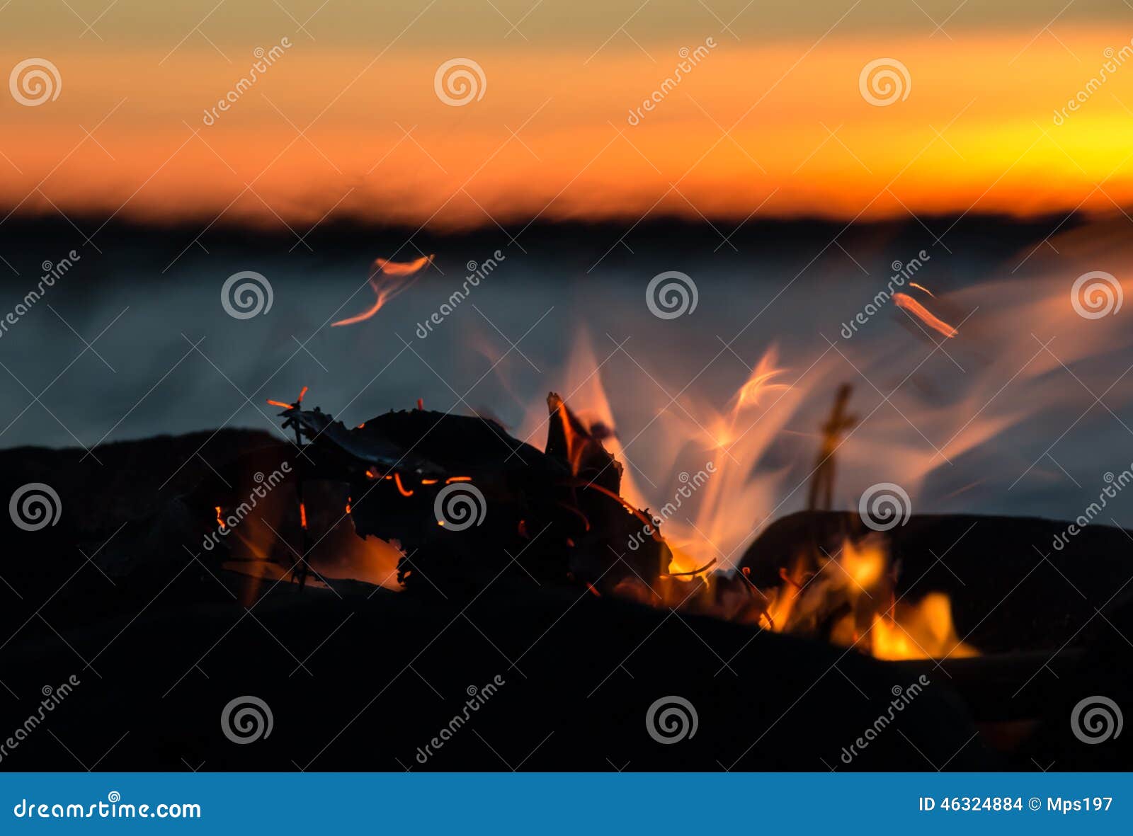 Sparkling Campfire and Sunset Lake Stock Photo - Image of ember ...