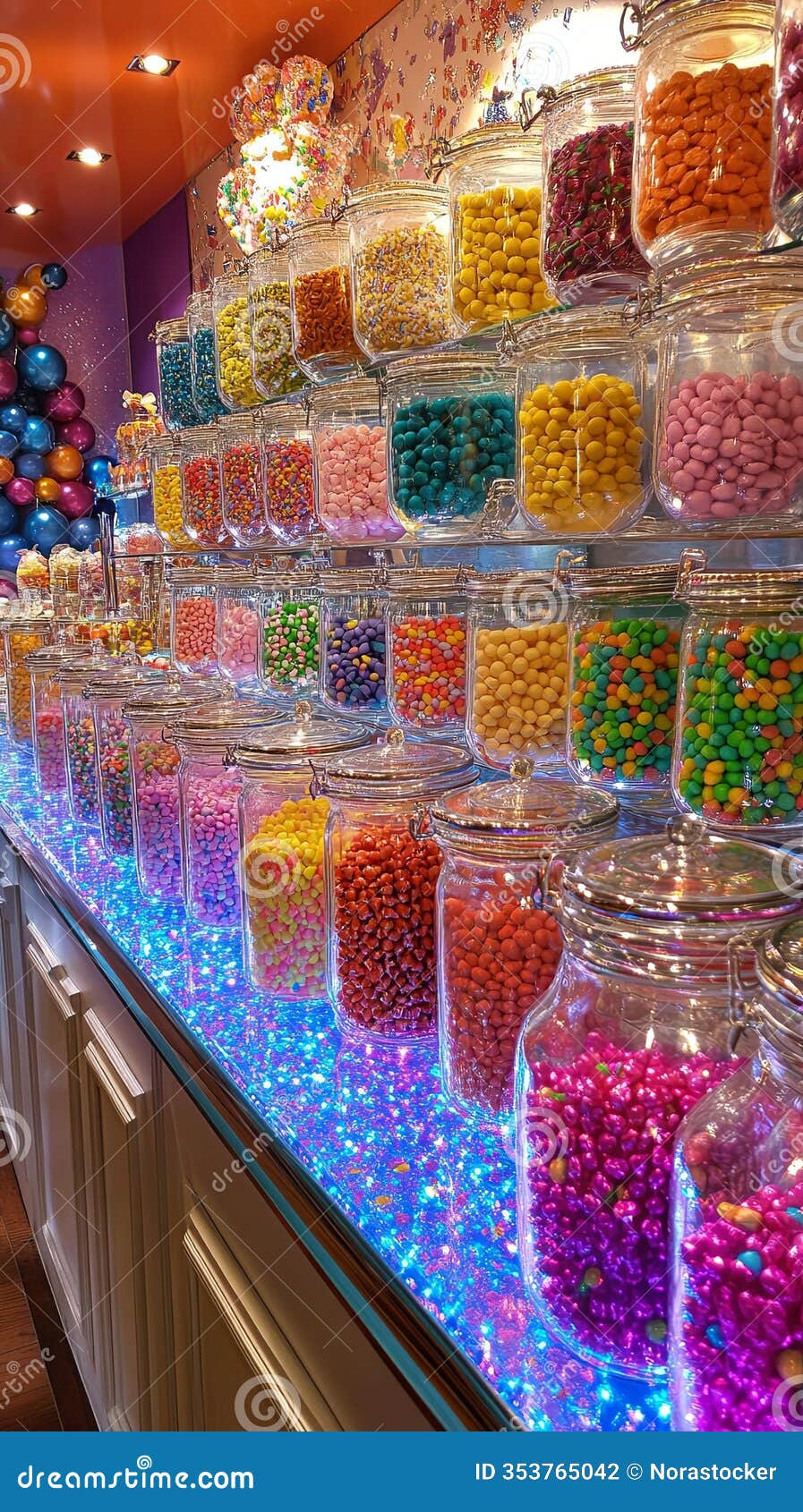 A Sparkling Candy Counter Filled with Jars of Brightly Colored Sweets ...