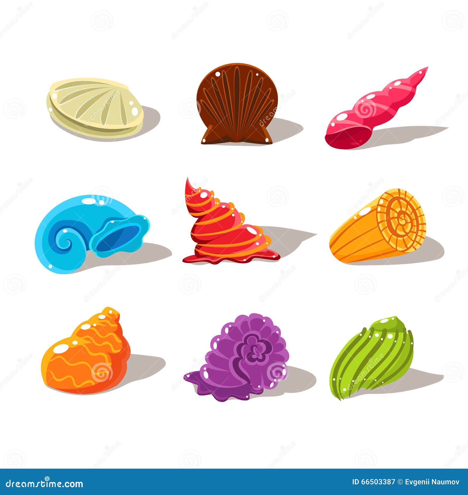 Sparkling Cartoon Sea Shells. Vector Illustration Set Stock Vector ...